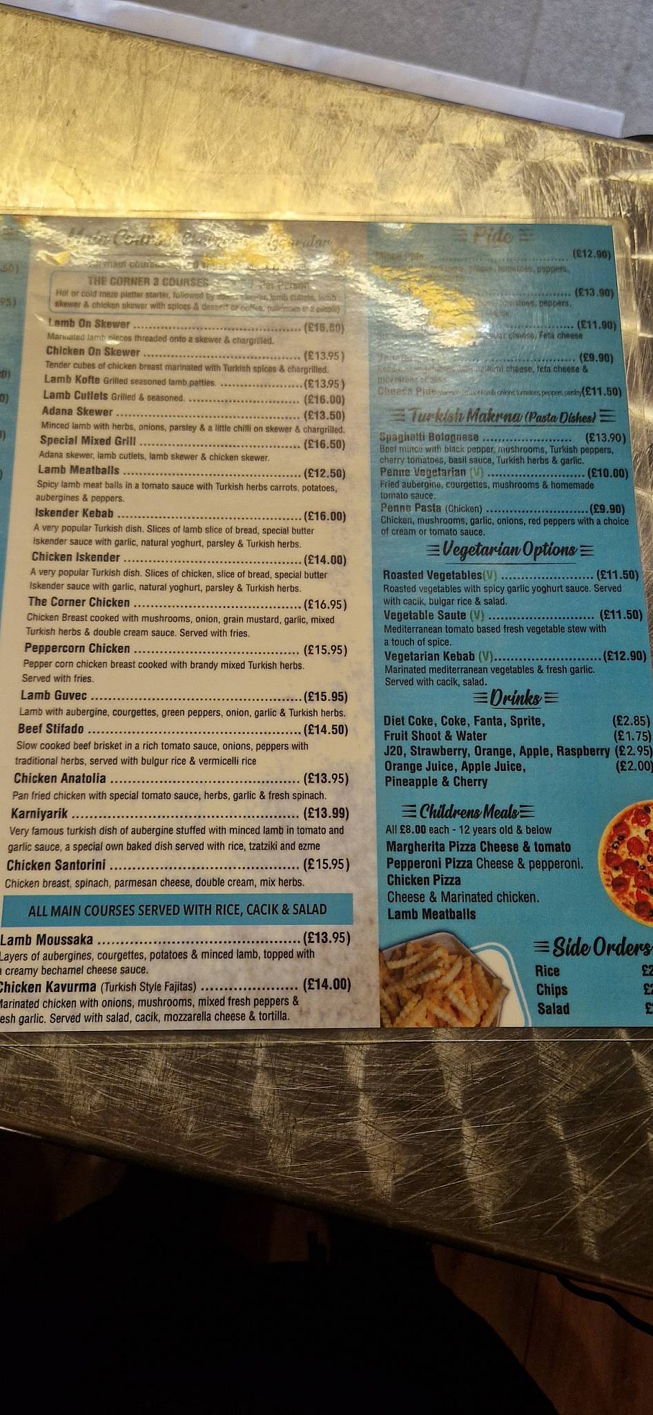 Menu at The Corner restaurant, Halifax