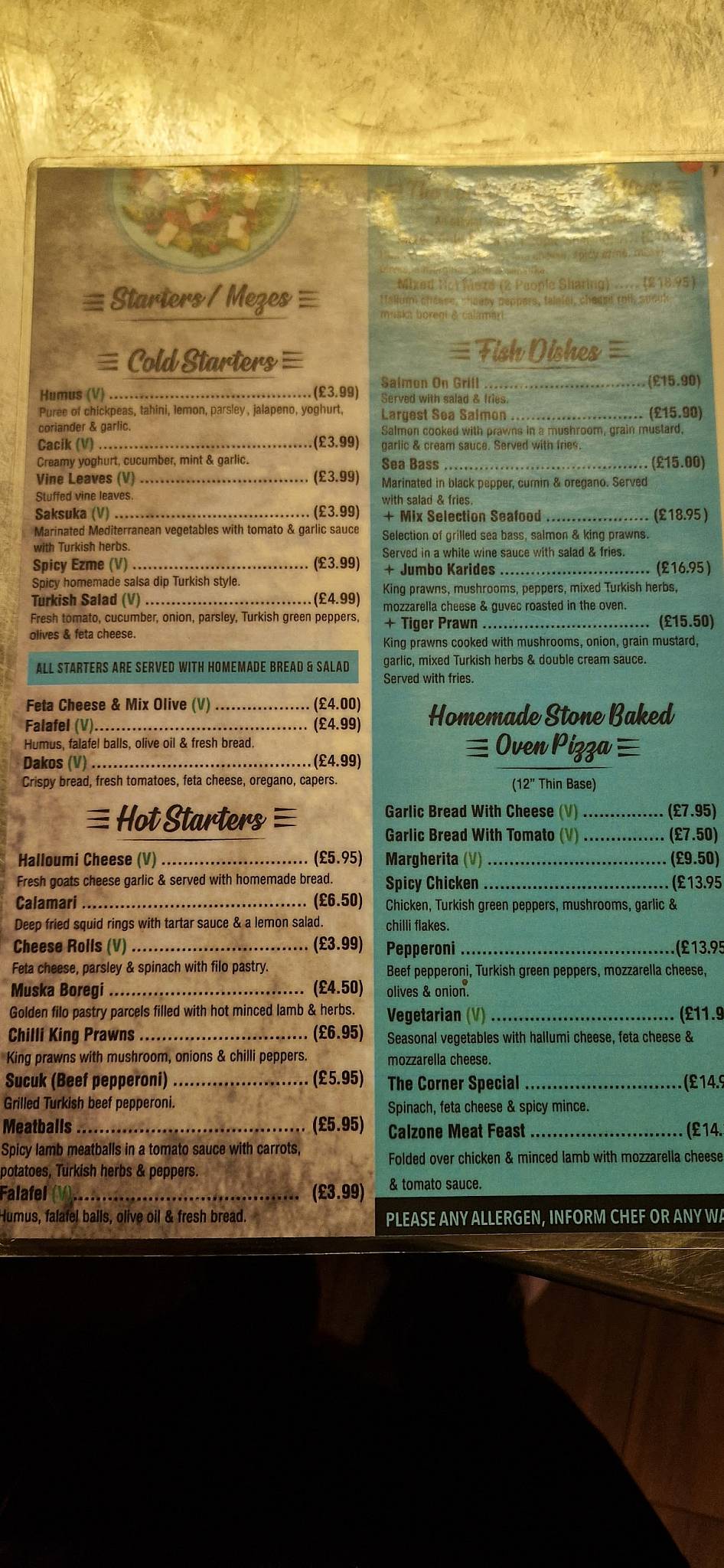 Menu at The Corner restaurant, Halifax
