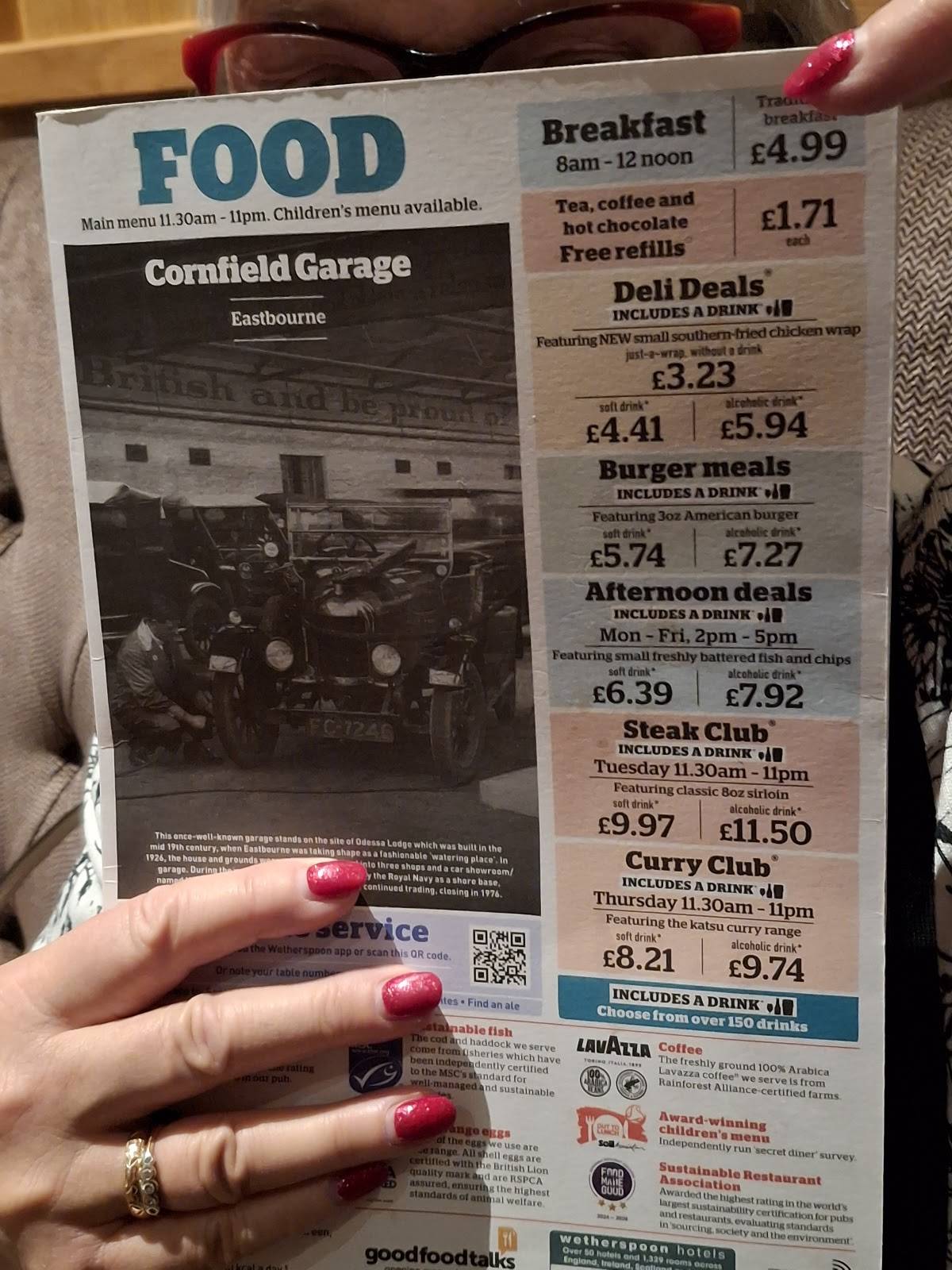 Menu at The Cornfield Garage - JD Wetherspoon pub & bar, Eastbourne