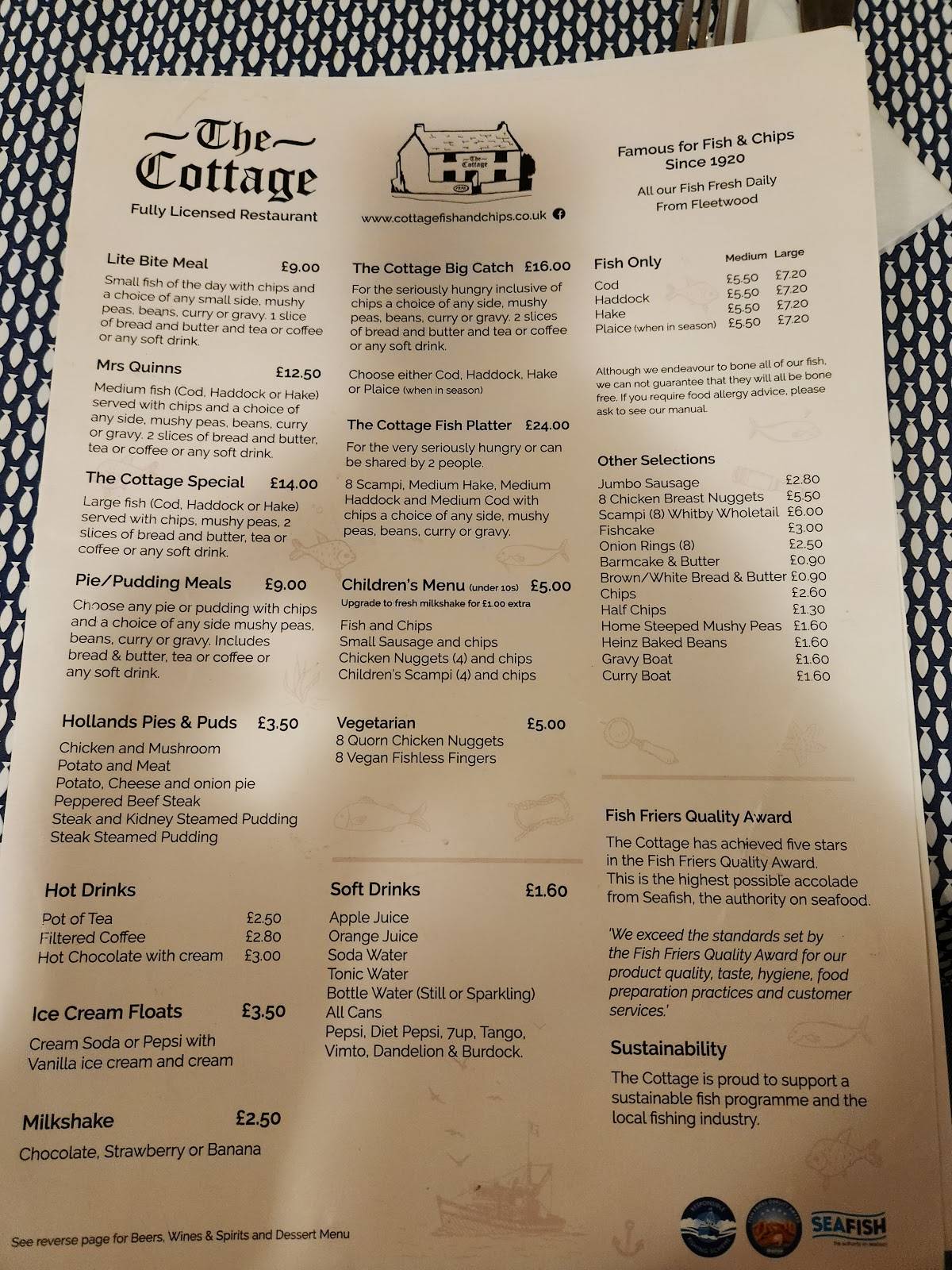Menu at The Cottage • Licensed Fish & Chip Restaurant & Takeaway, Blackpool