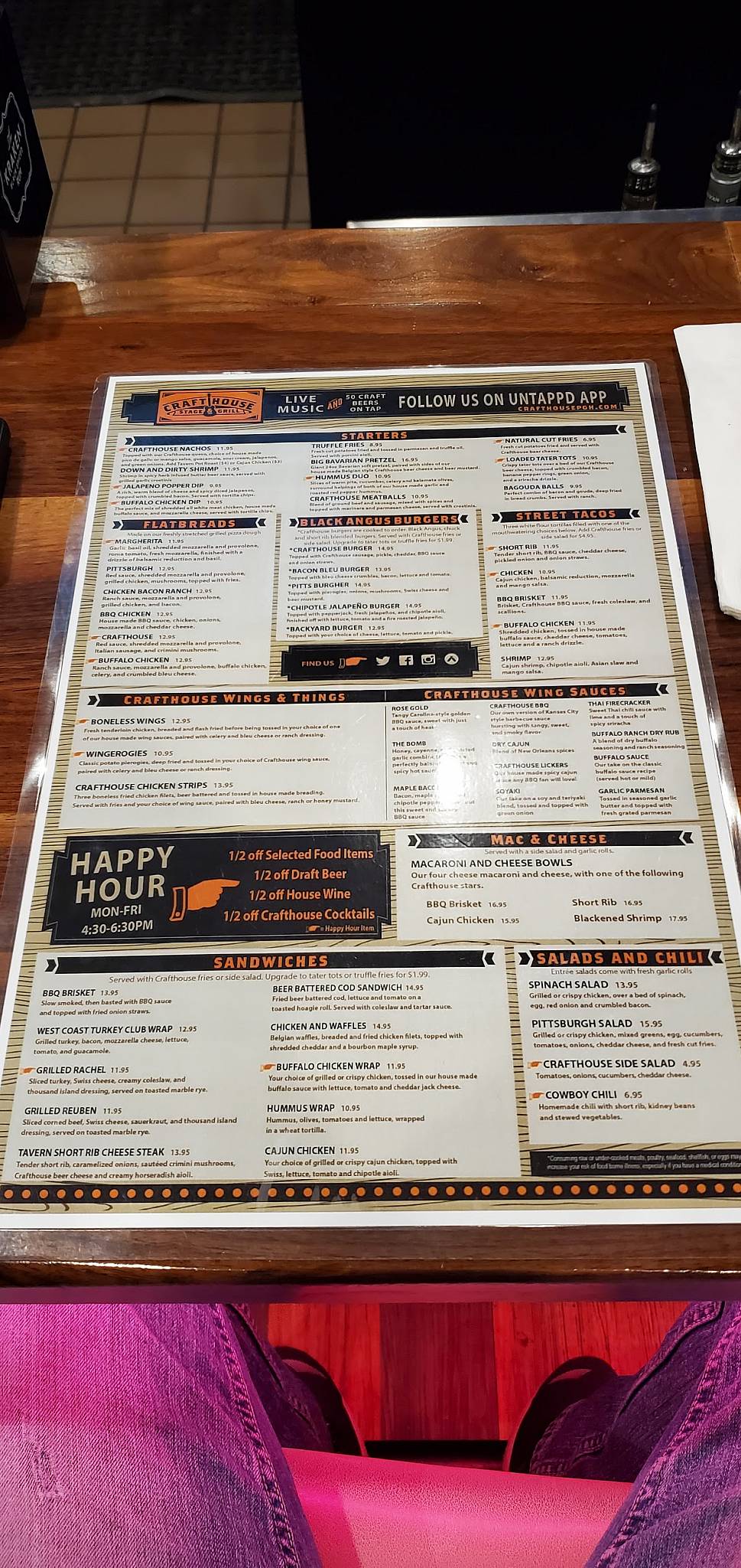 Menu at The Crafthouse Stage & Grill pub & bar, Pittsburgh
