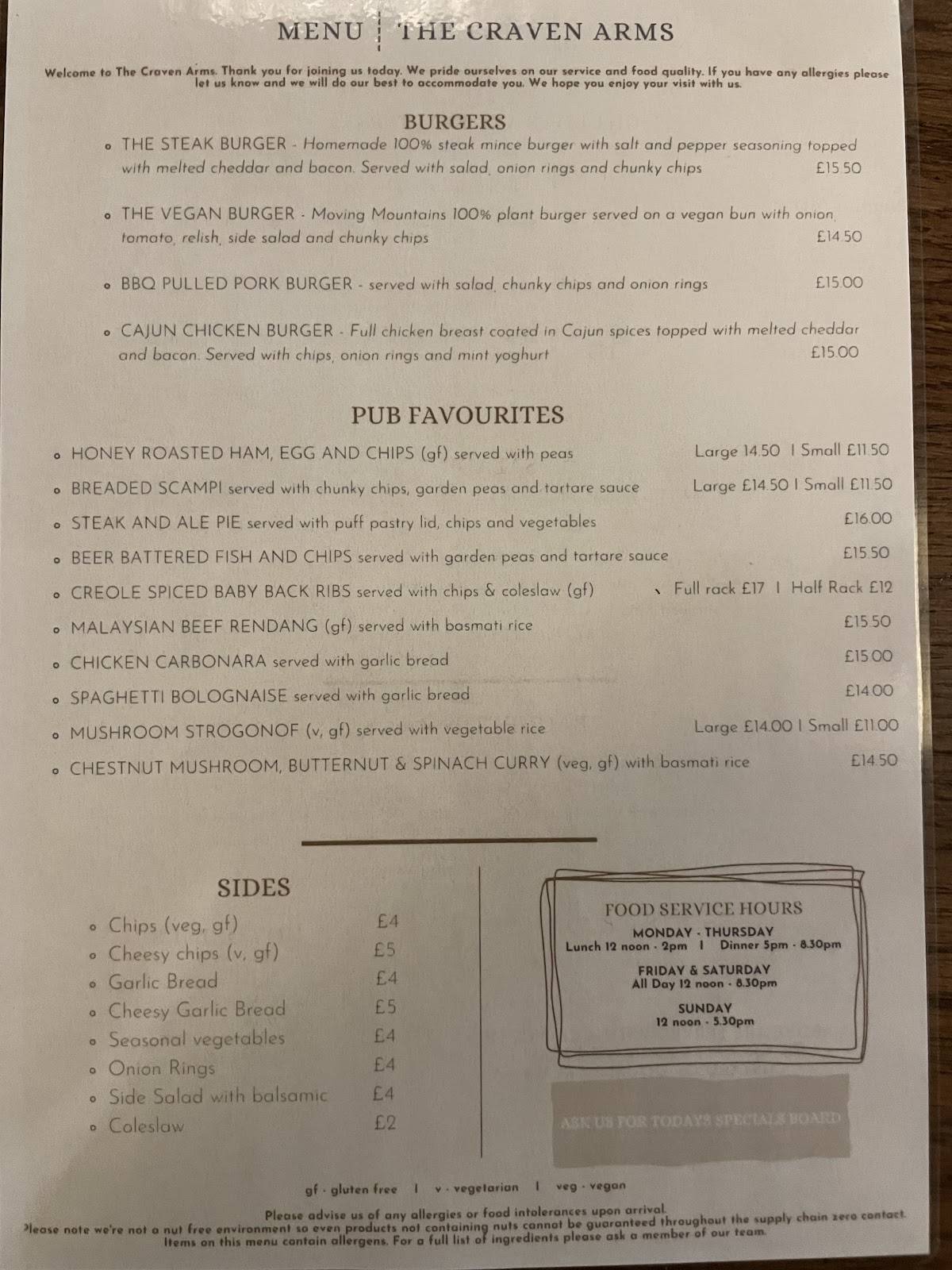 Menu at The Craven Arms pub & bar, Newbury