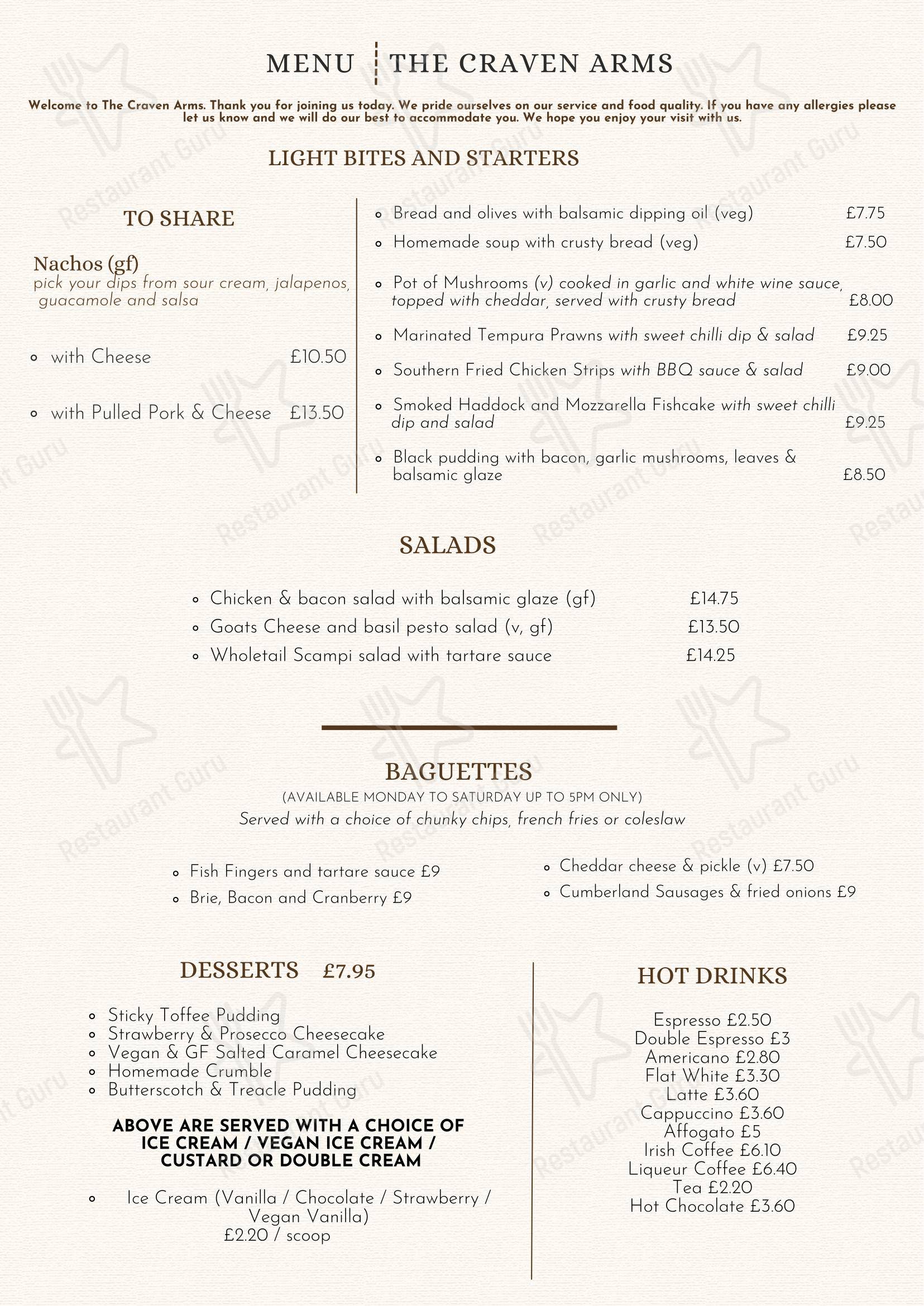 Menu at The Craven Arms pub & bar, Newbury