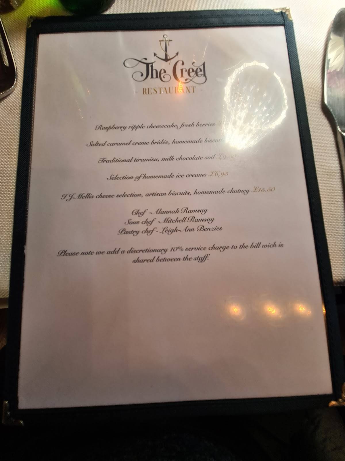 Menu at The Creel restaurant, Dunbar