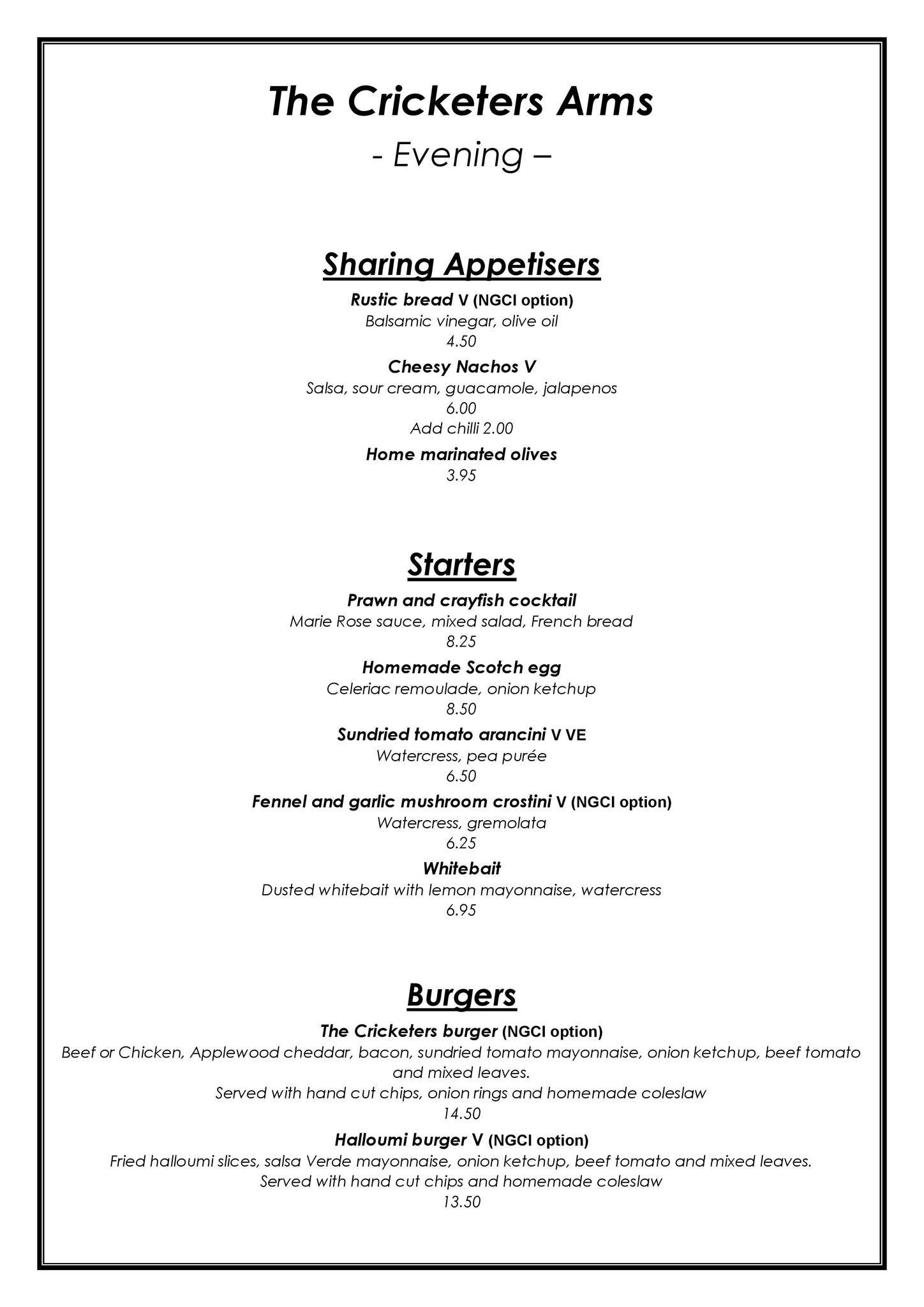 Menu at The Cricketers Arms pub & bar, Little Baddow