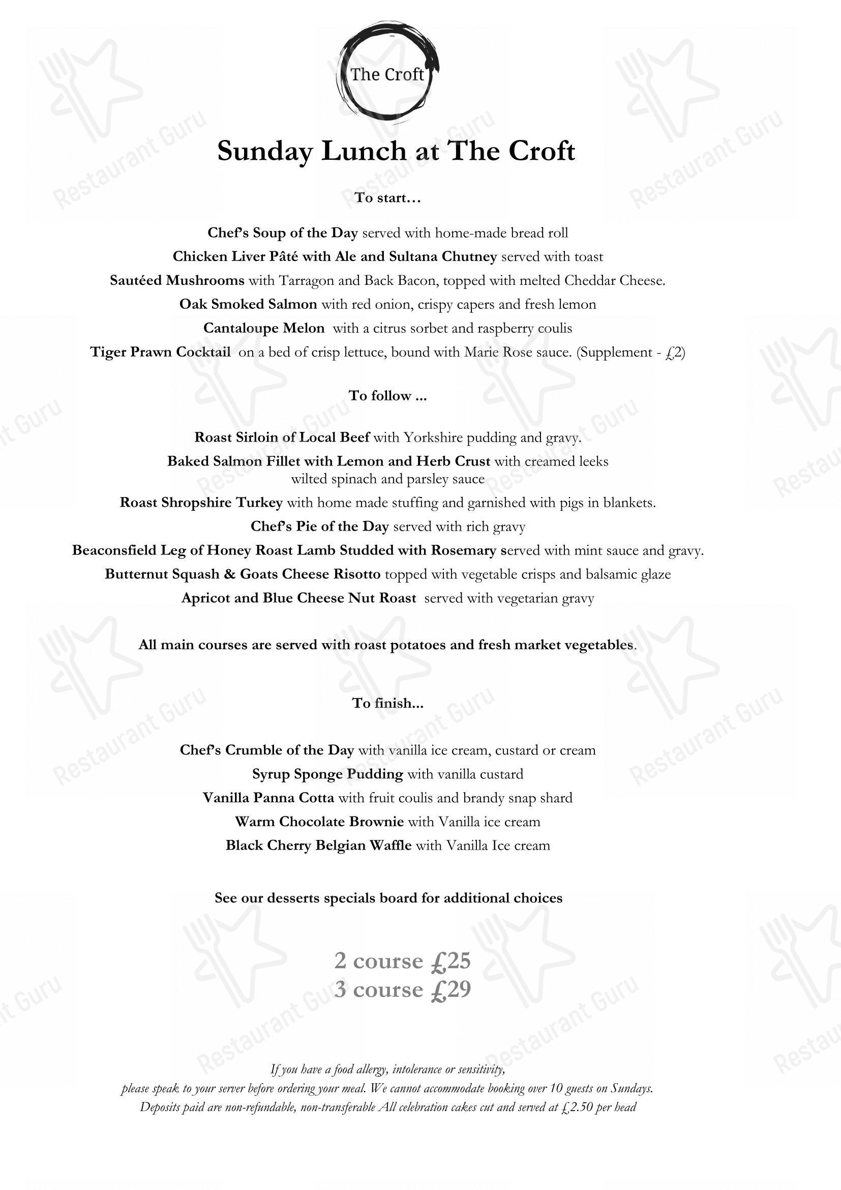 Menu at The Croft at Beaconsfield restaurant, Shrewsbury