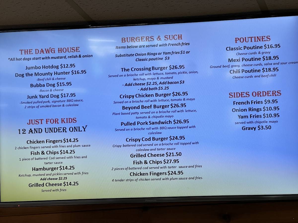 Menu at The Crossing Cafe, Canada