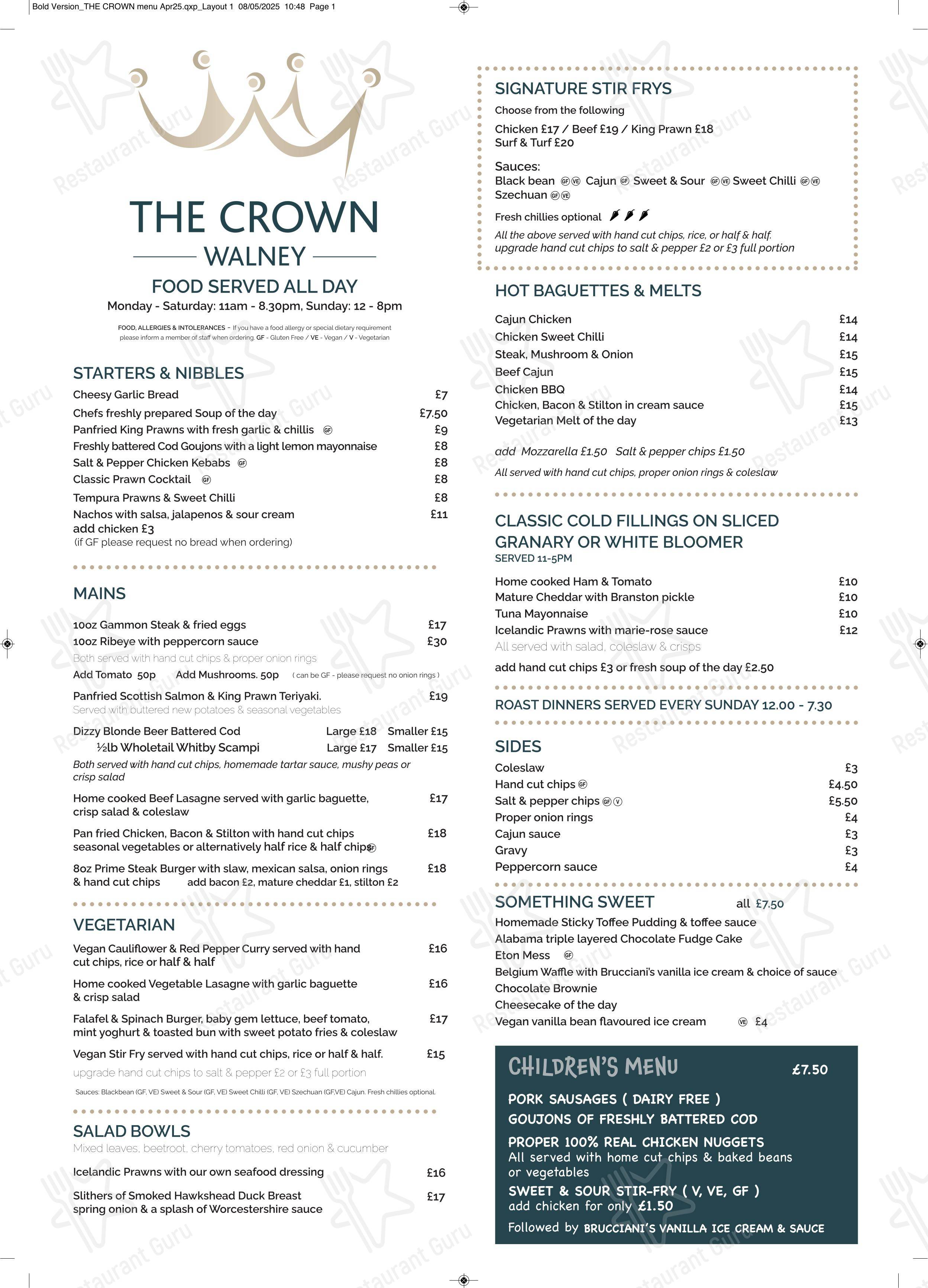 Menu at The Crown, Walney pub & bar, Barrow-in-Furness