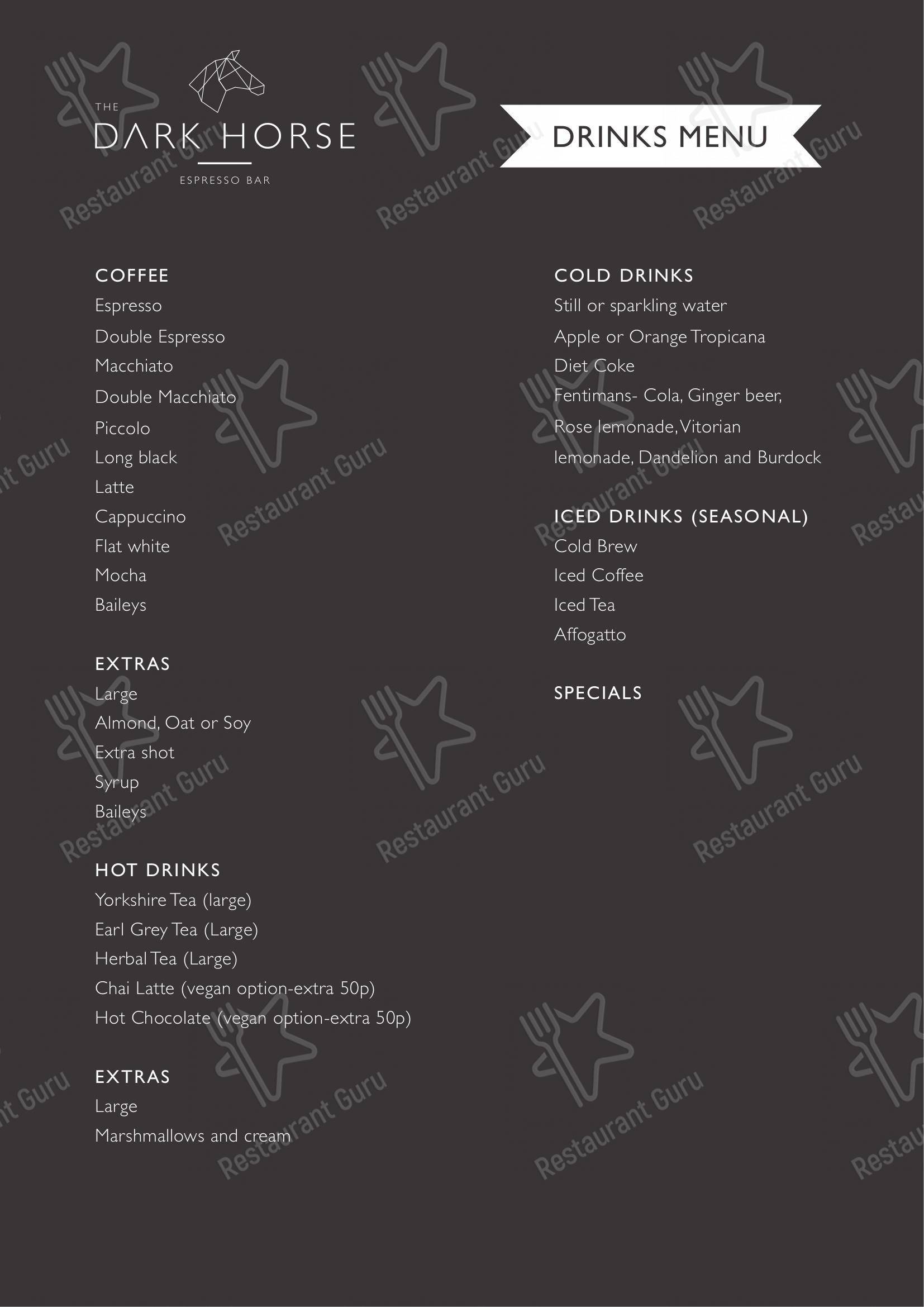 Menu at The Dark Horse Espresso Bar Shambles Market, York