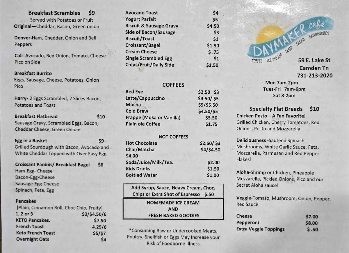 Menu at The DayMaker Cafe, Camden