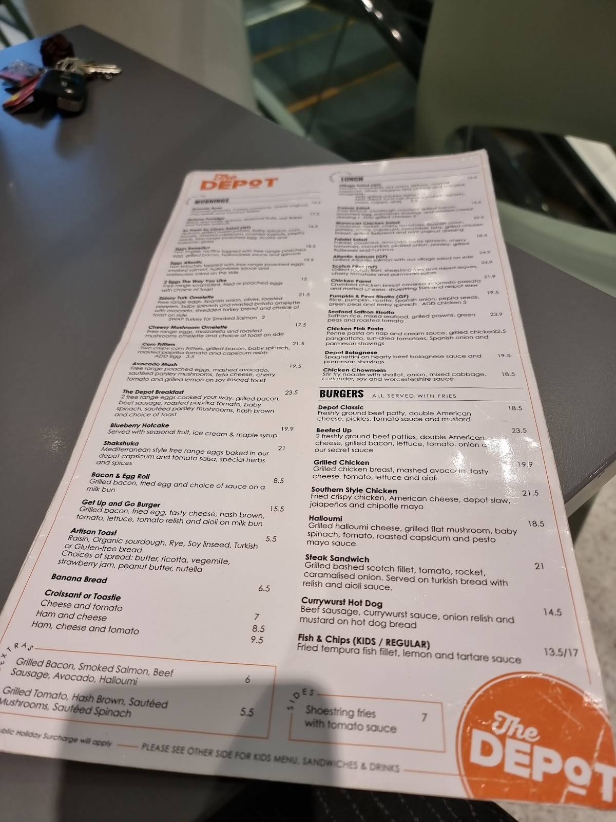 Menu at The Depot cafe, Kensington, S Dowling St