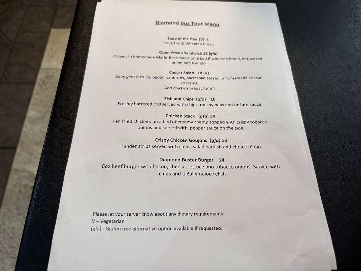 Menu at The Diamond Bar, Ballycastle