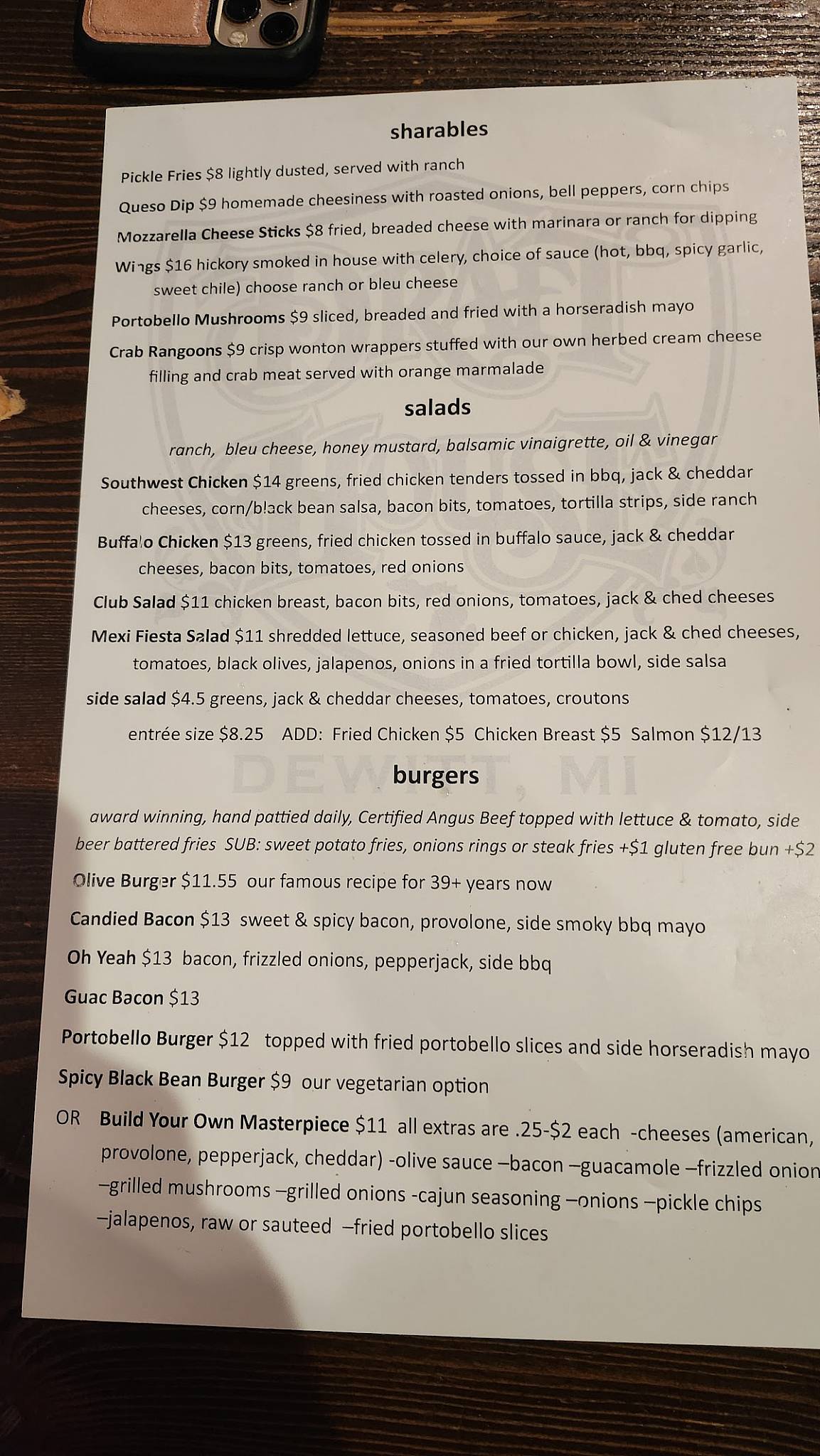 Menu at The Draft House restaurant, DeWitt
