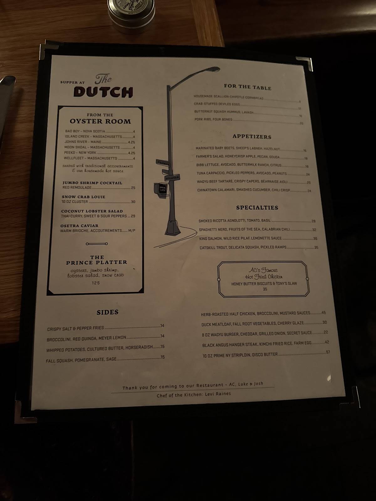 Menu at The Dutch restaurant, New York City, 131 Sullivan St
