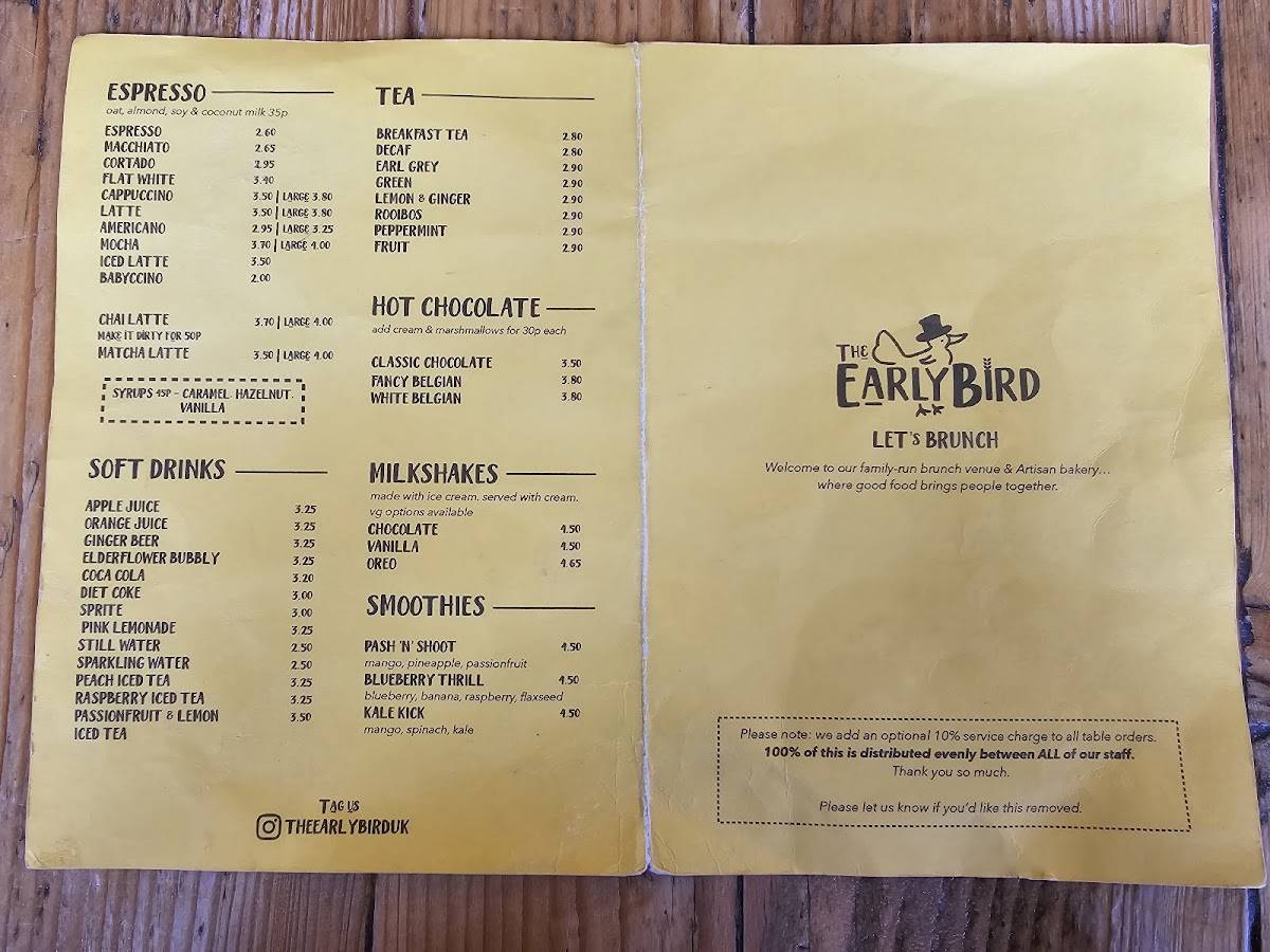 Menu at The Early Bird restaurant, Plymouth, 51 Mutley Plain