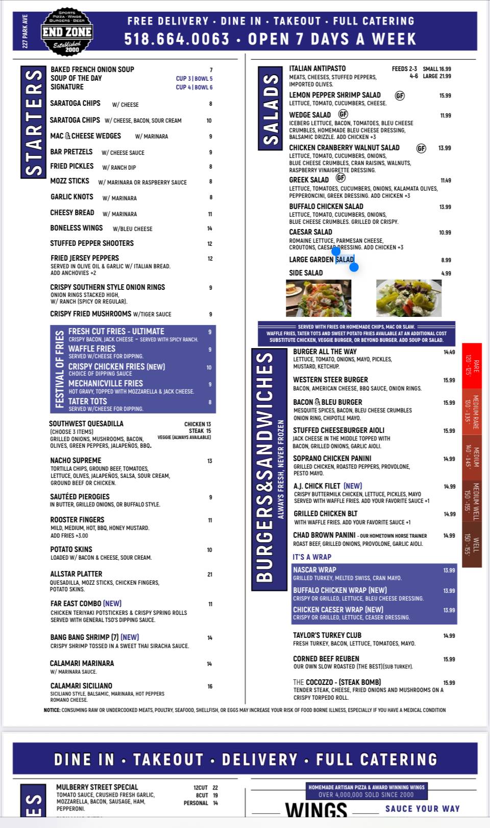 Menu at The End Zone Sports Pub & Restaurant, Mechanicville, 227 Park Ave