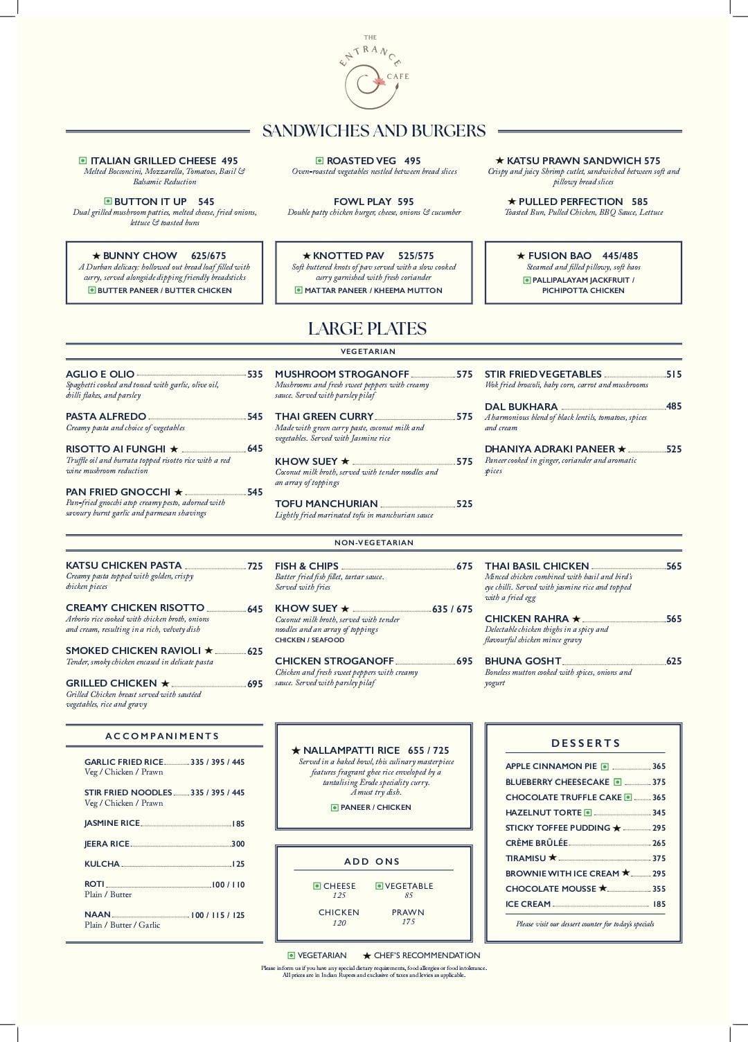 Menu at The Entrance Cafe, Chennai