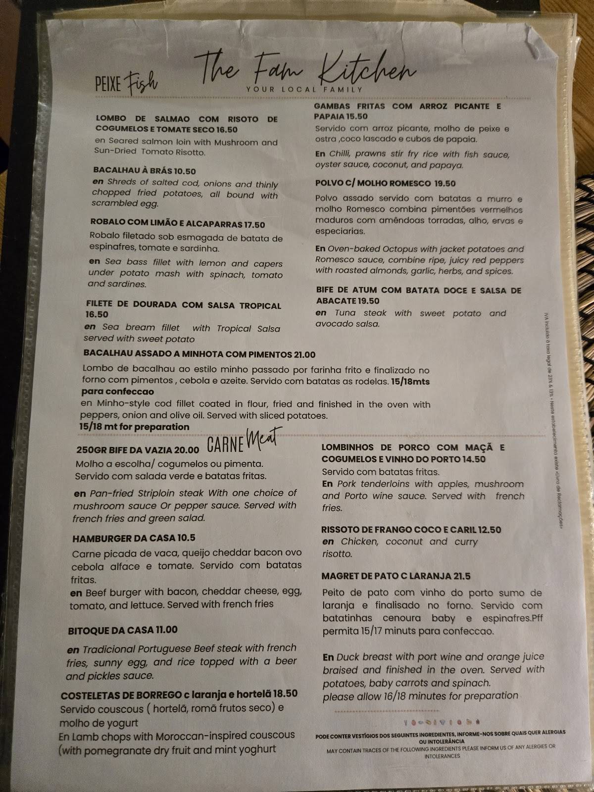 Menu at The Fam Kitchen restaurant, Lisbon