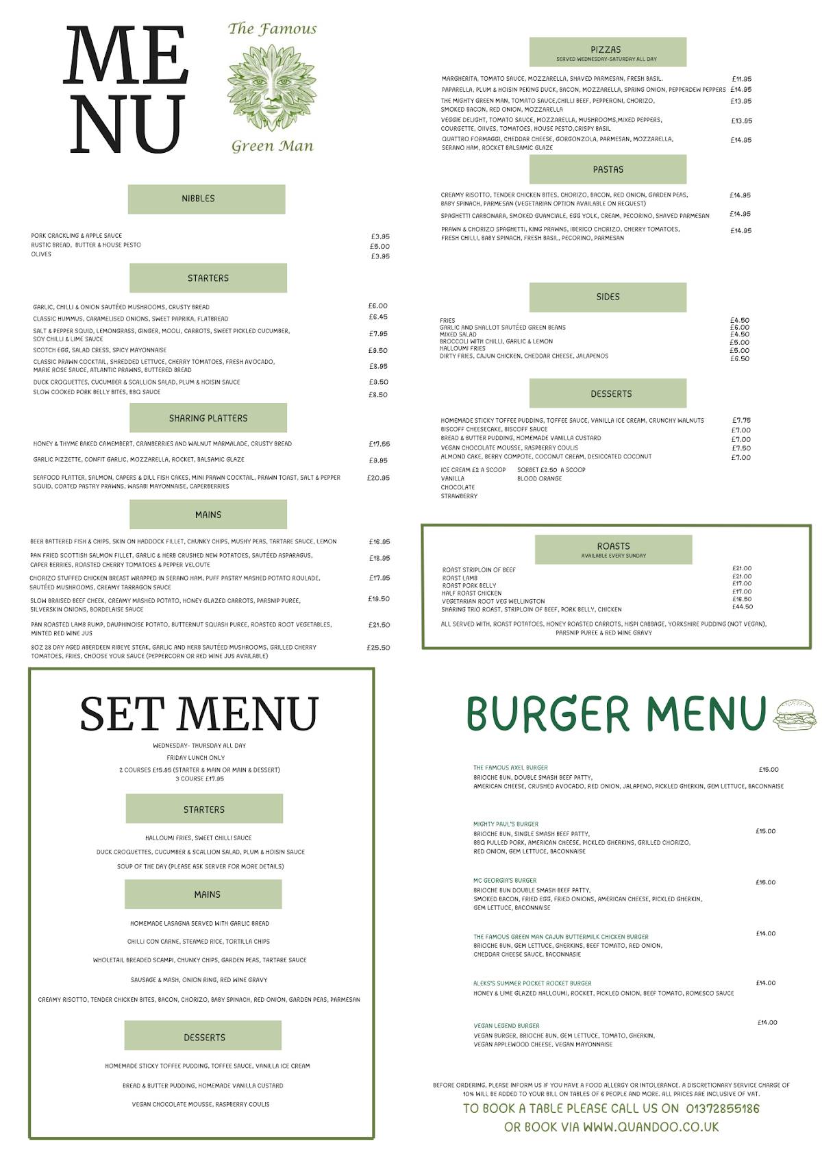 Menu at The Famous Green Man pub & bar, Epsom