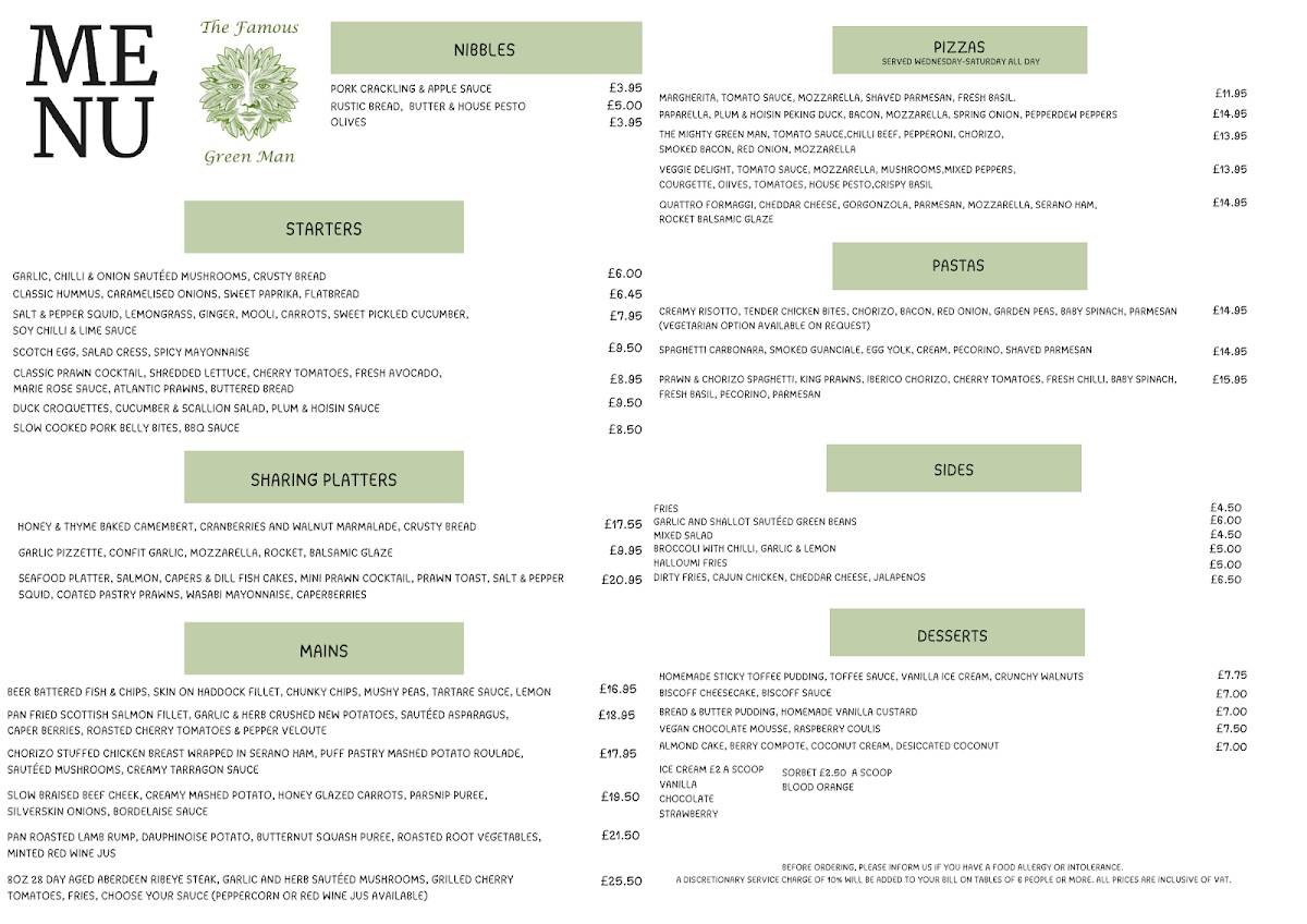 Menu at The Famous Green Man pub & bar, Epsom