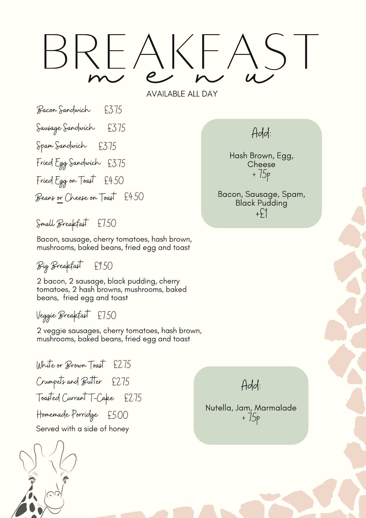 Menu at The Fat Giraffe restaurant, Burnley, 3 Church St