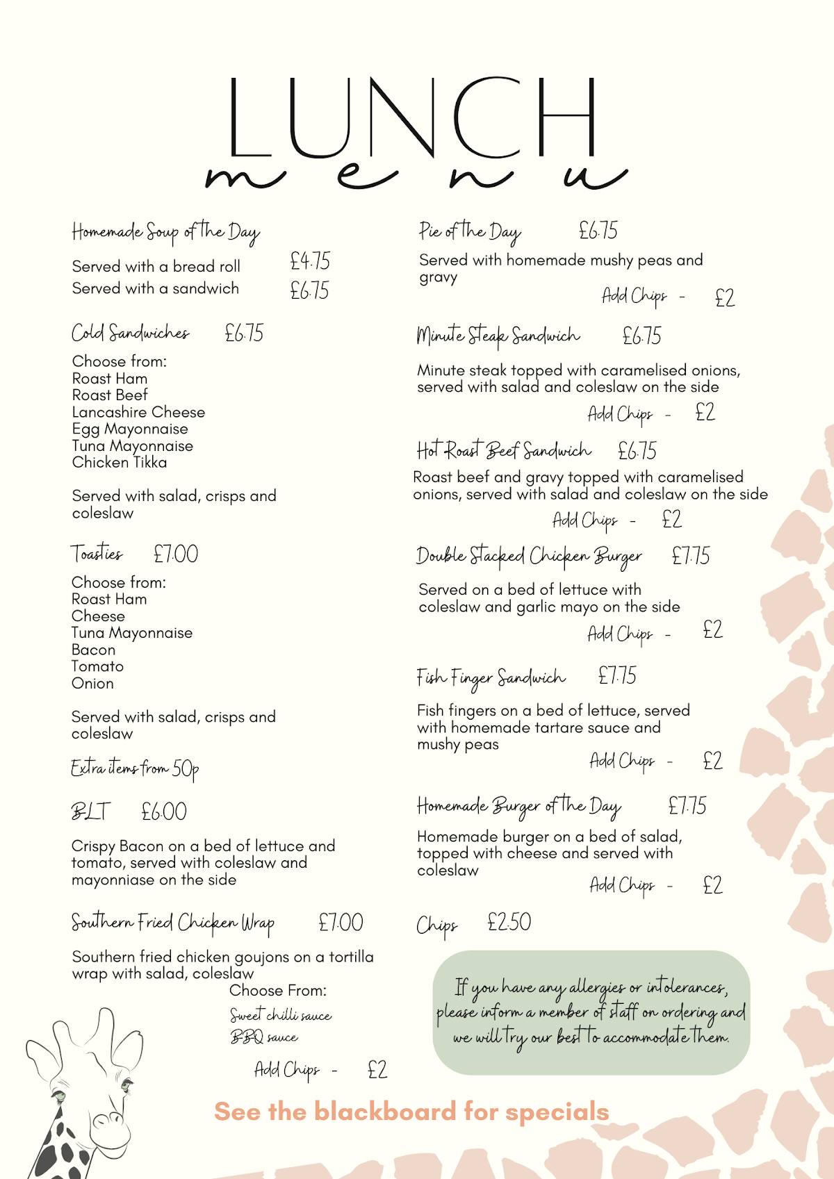 Menu at The Fat Giraffe restaurant, Burnley, 3 Church St