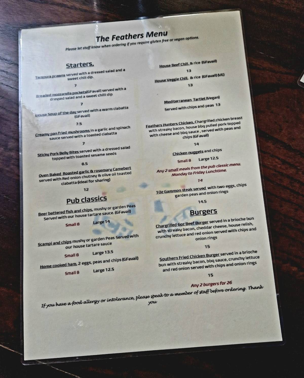 Menu at The Feathers Hotel pub & bar, Budleigh Salterton
