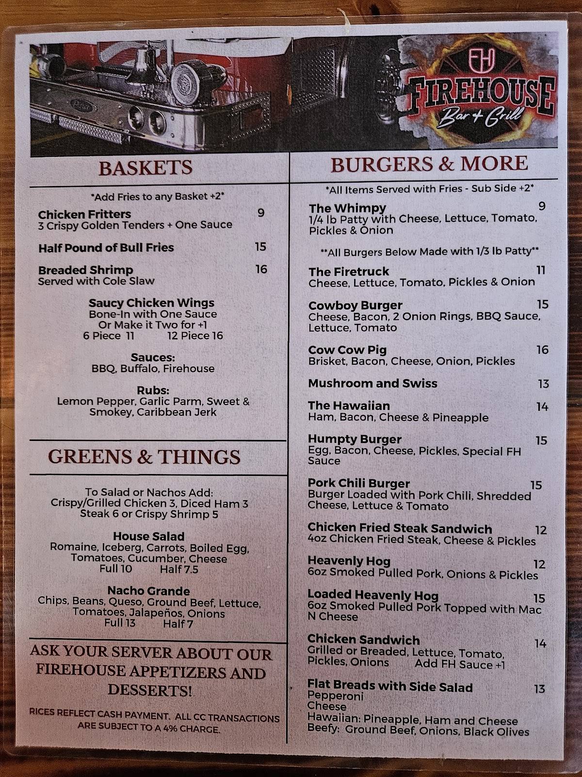 Menu at The Firehouse Bar and Grill, Lyman