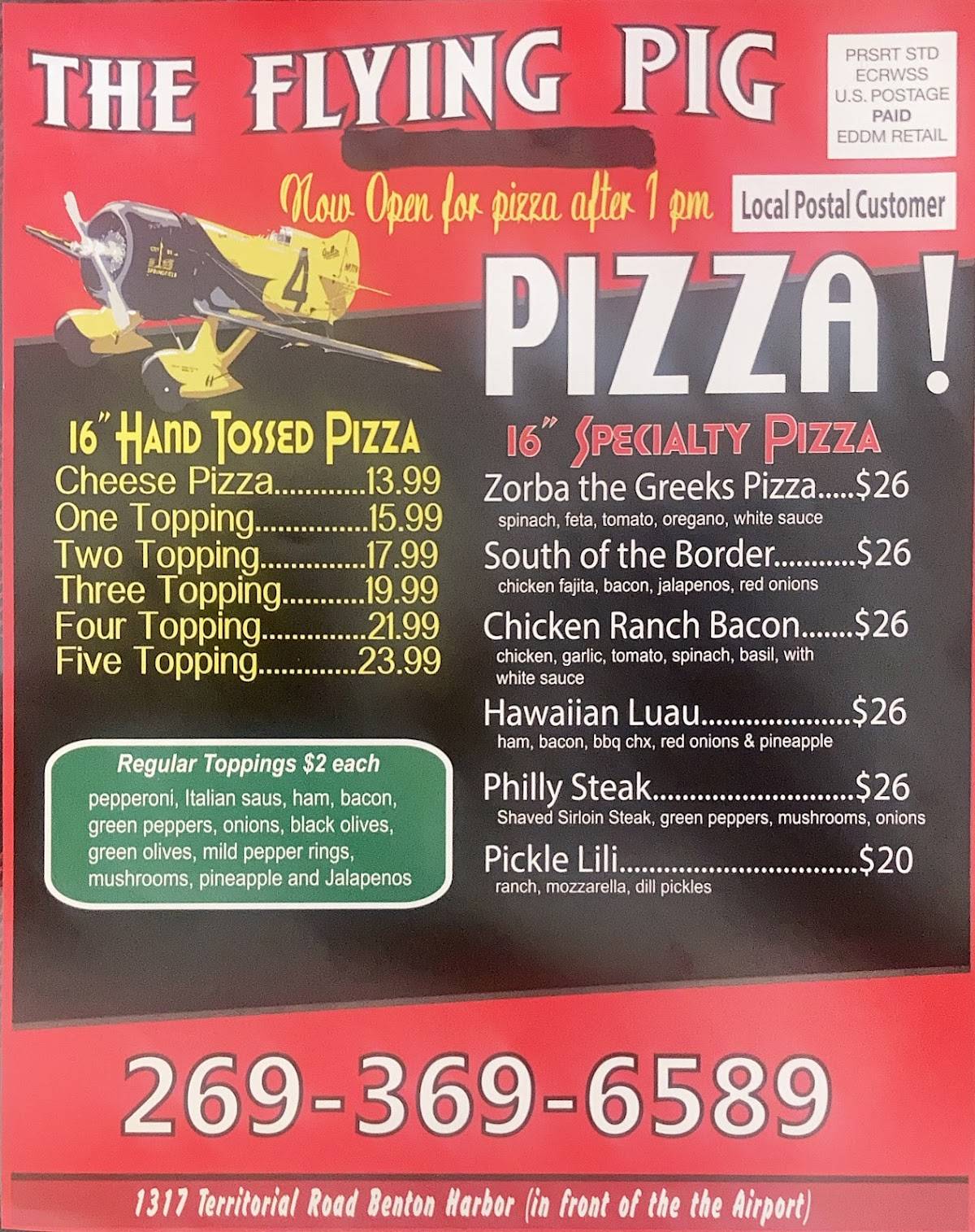 Menu at The Flying Pig Airport Diner pizzeria, Benton Harbor