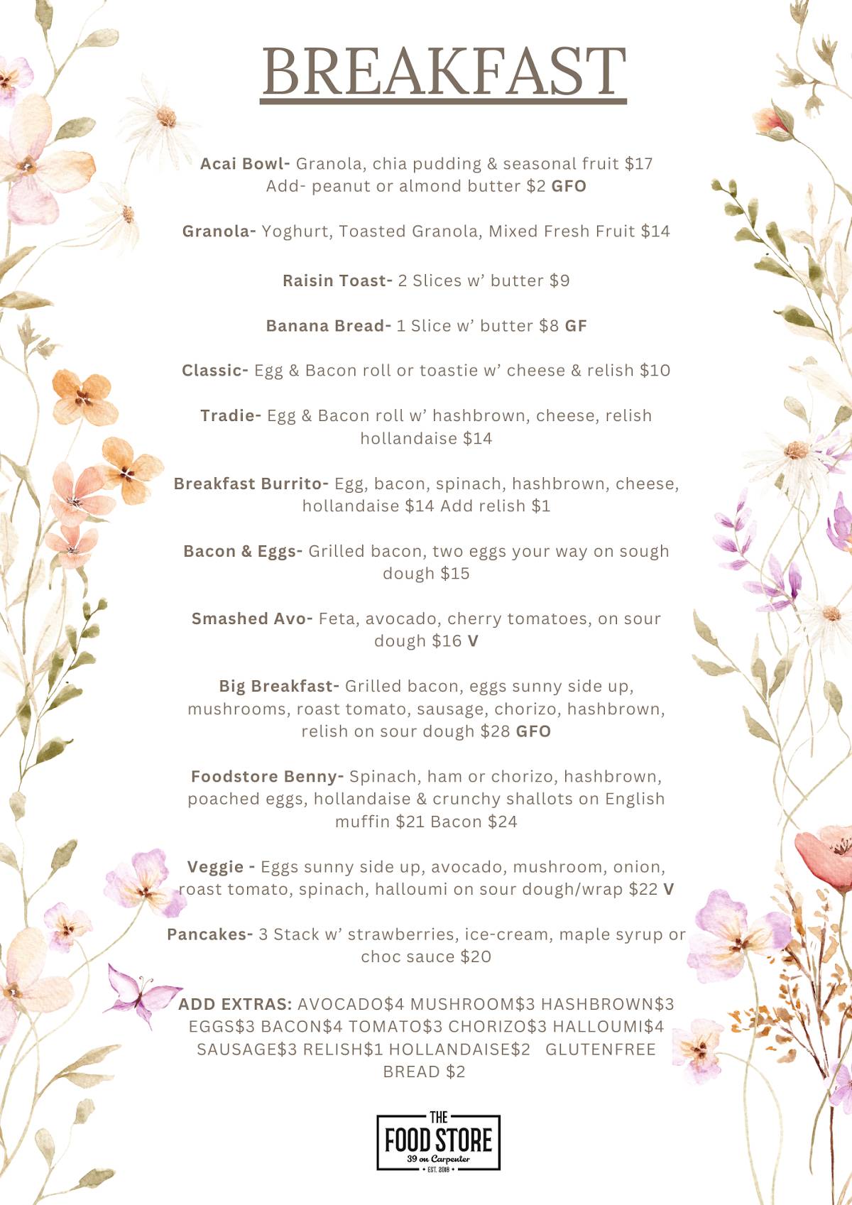Menu at The Food Store cafe, Maffra
