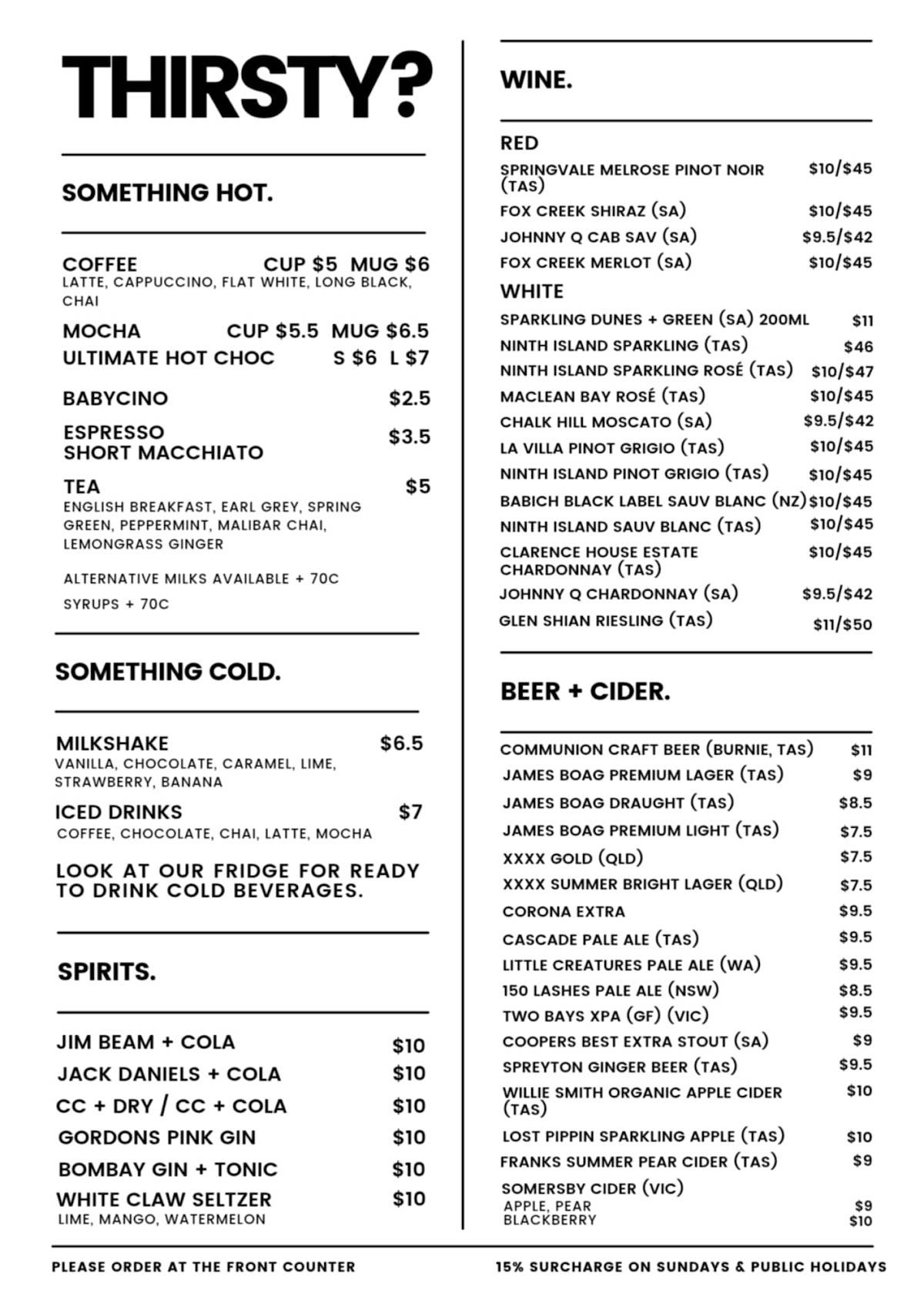 Menu at The Foreshore restaurant, Burnie