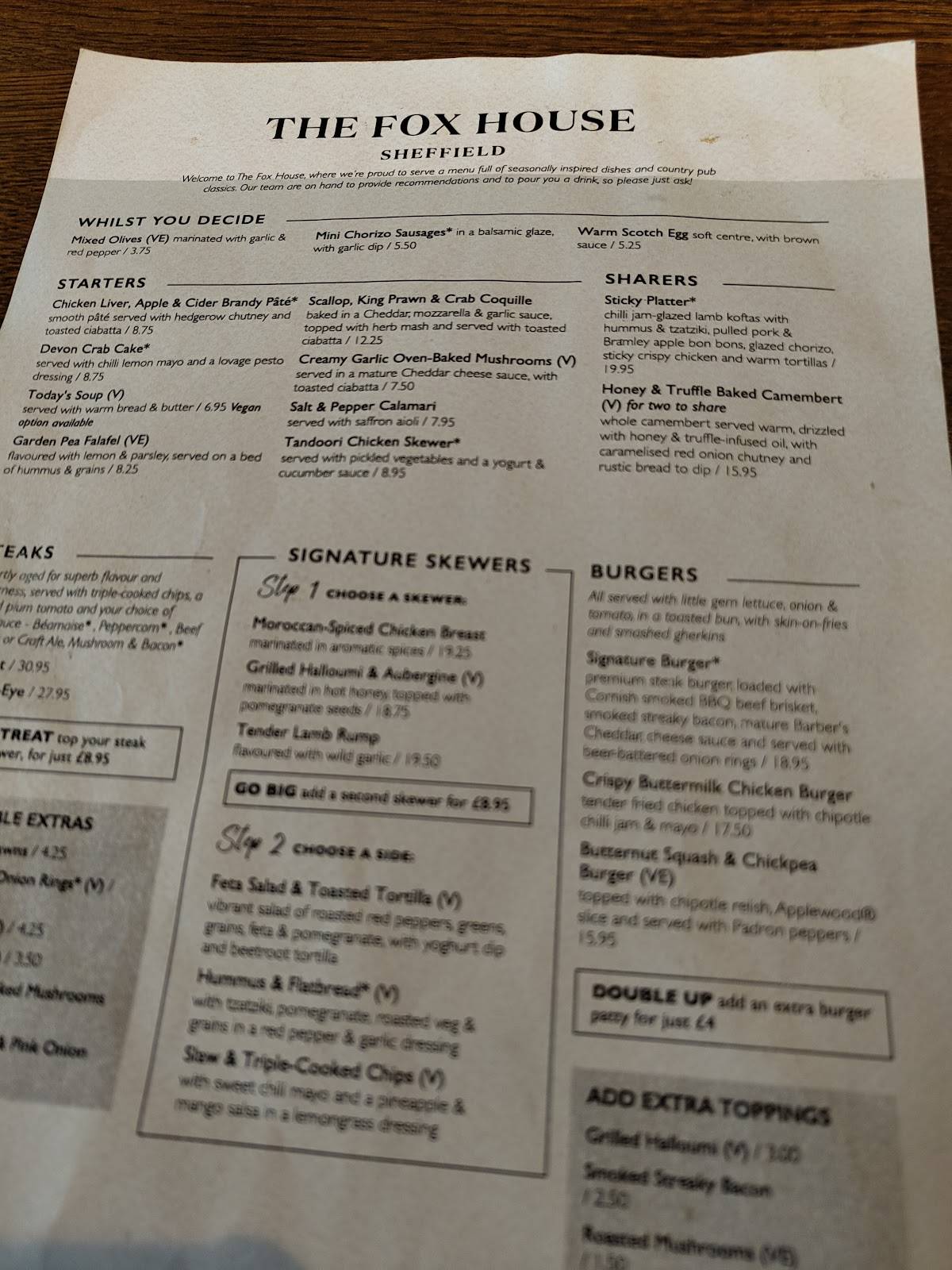 Menu at The Fox House pub & bar, Sheffield, Longshaw House
