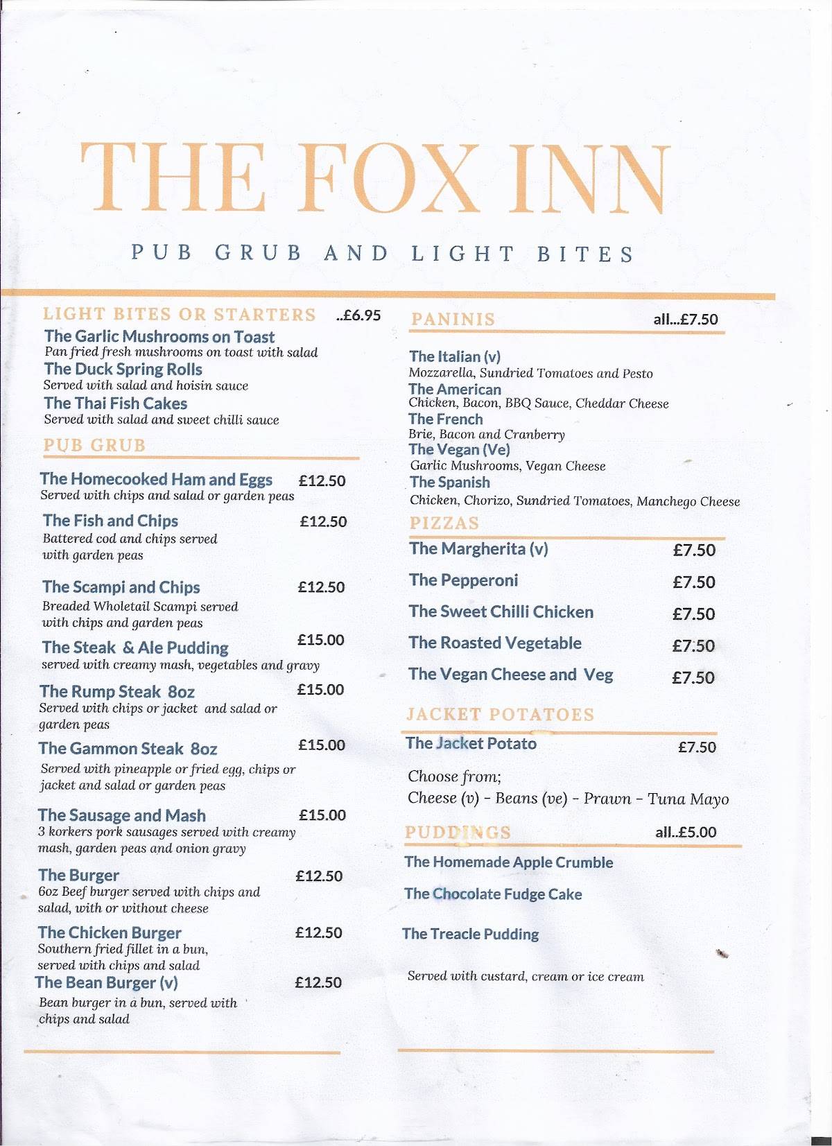 Menu at The Fox Inn pub & bar, Dover, 14 High St