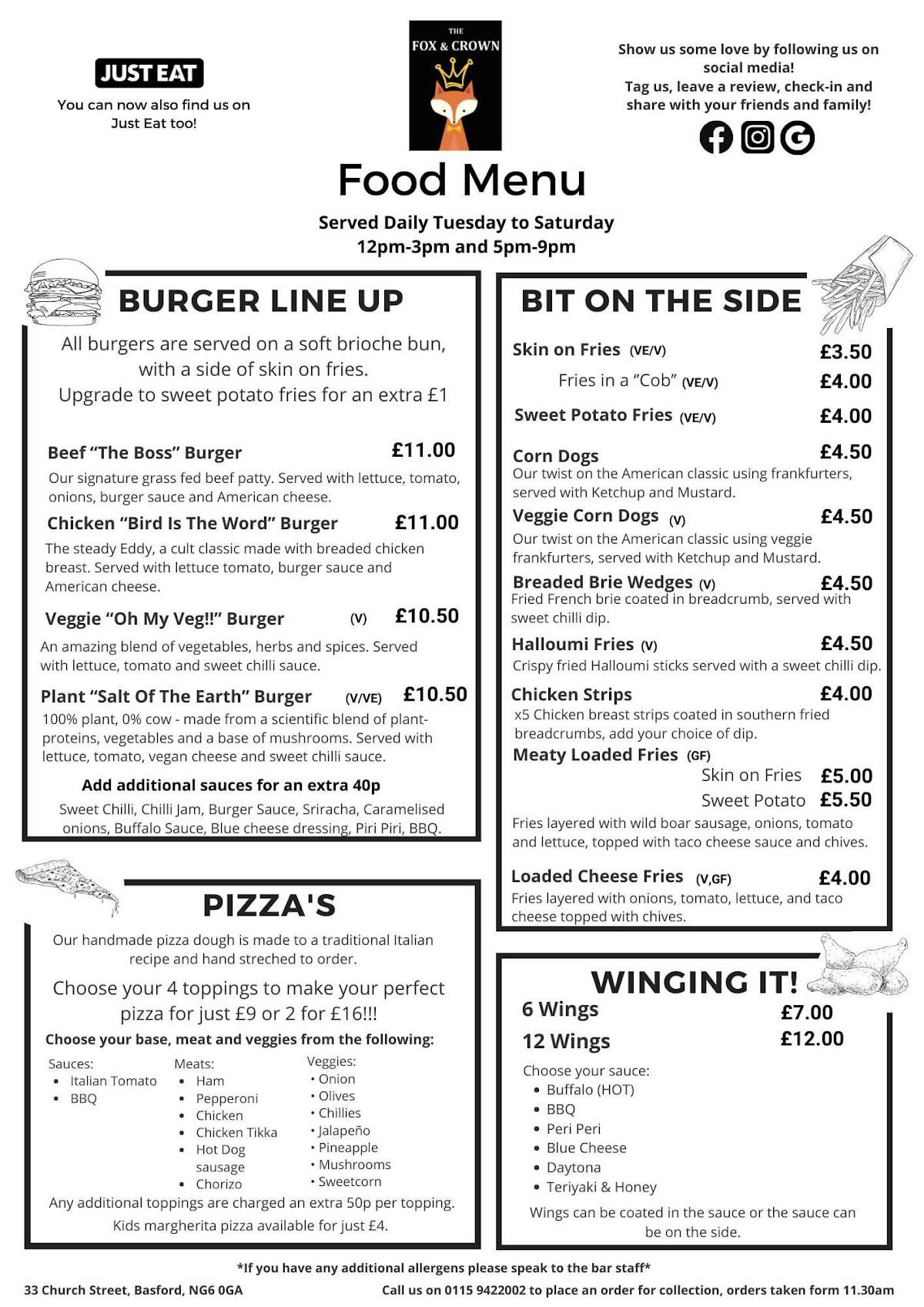Menu at The Fox & Crown pub & bar, Nottingham, 33 Church St