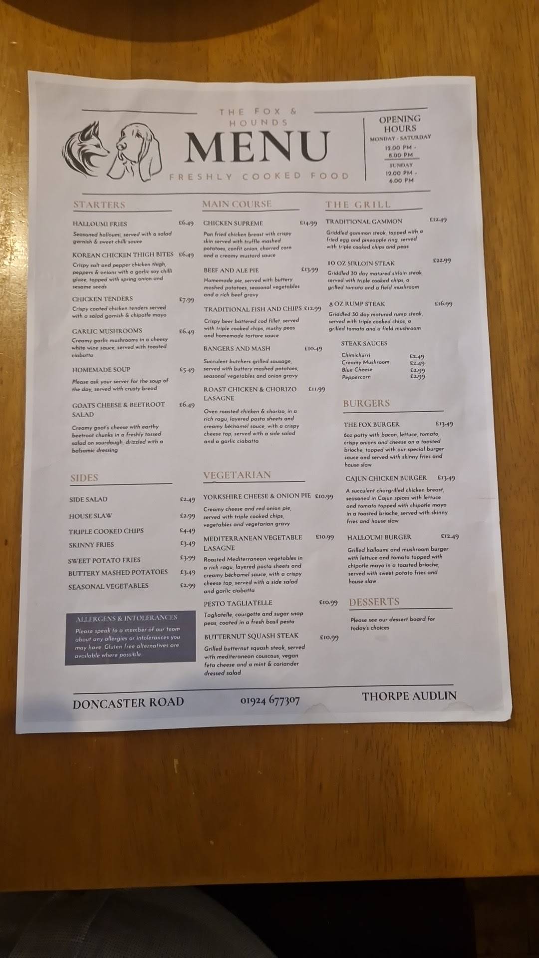 Menu at The Fox and Hounds restaurant, Pontefract, Doncaster Road