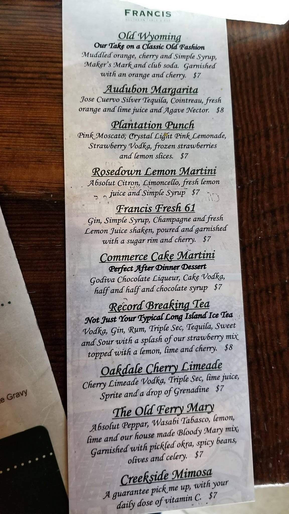 Menu at The Francis Southern Table & Bar, Saint Francisville, US-61