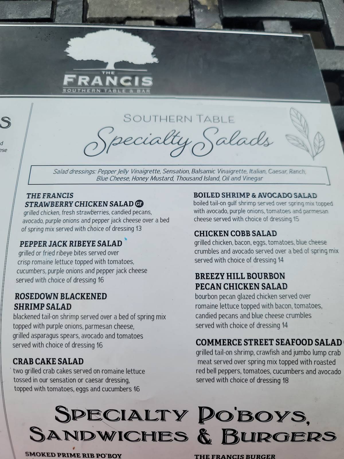 Menu at The Francis Southern Table & Bar, Saint Francisville, US-61