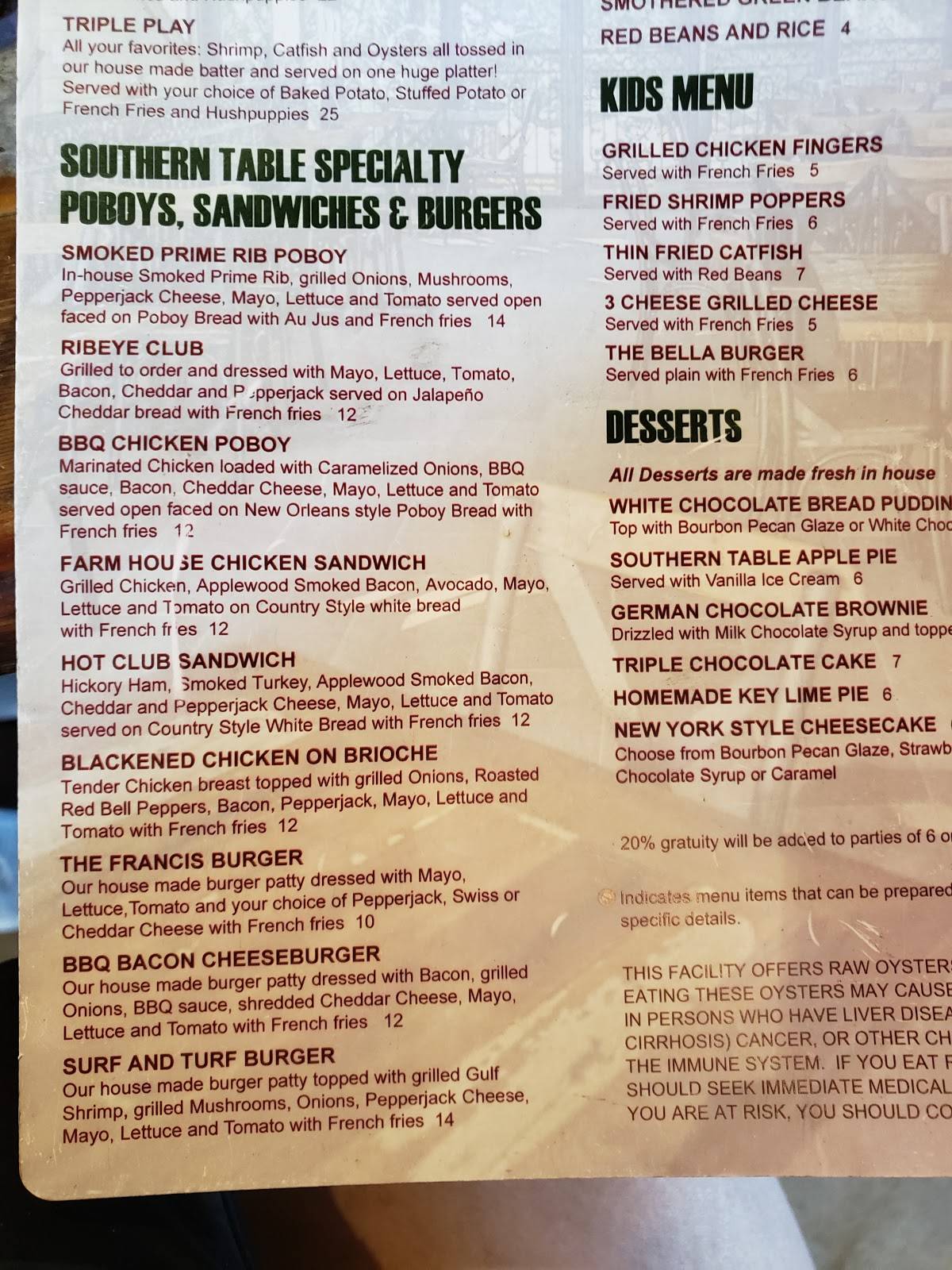 Menu at The Francis Southern Table & Bar, Saint Francisville, US-61