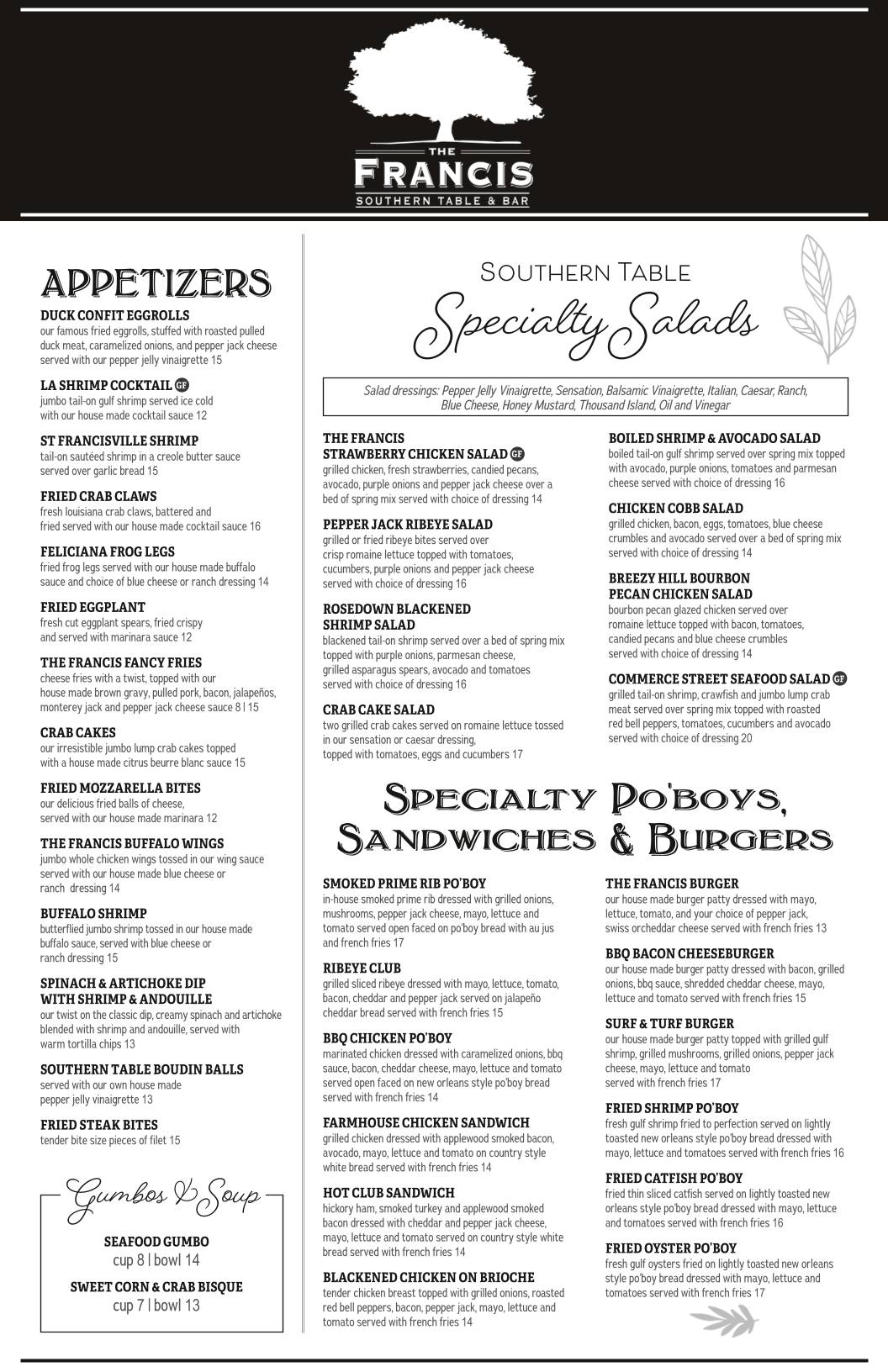 Menu at The Francis Southern Table & Bar, Saint Francisville, US-61
