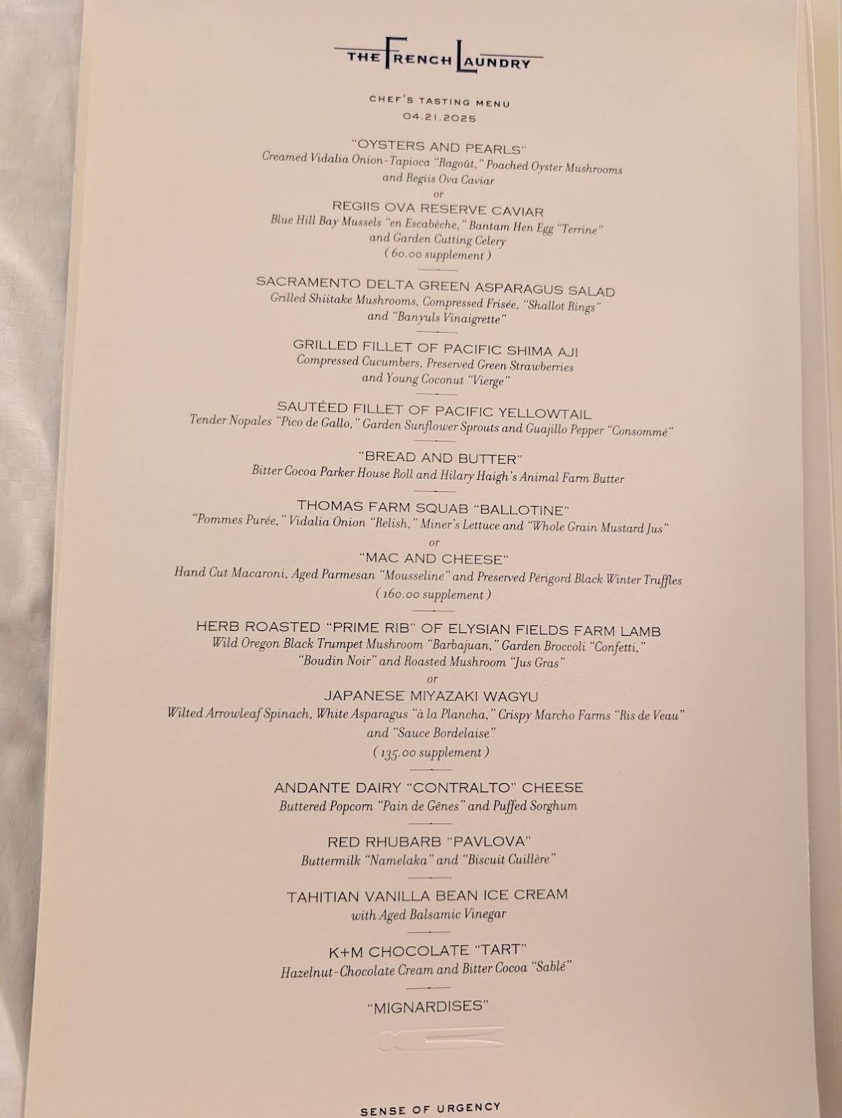 Menu at The French Laundry pub & bar, Yountville