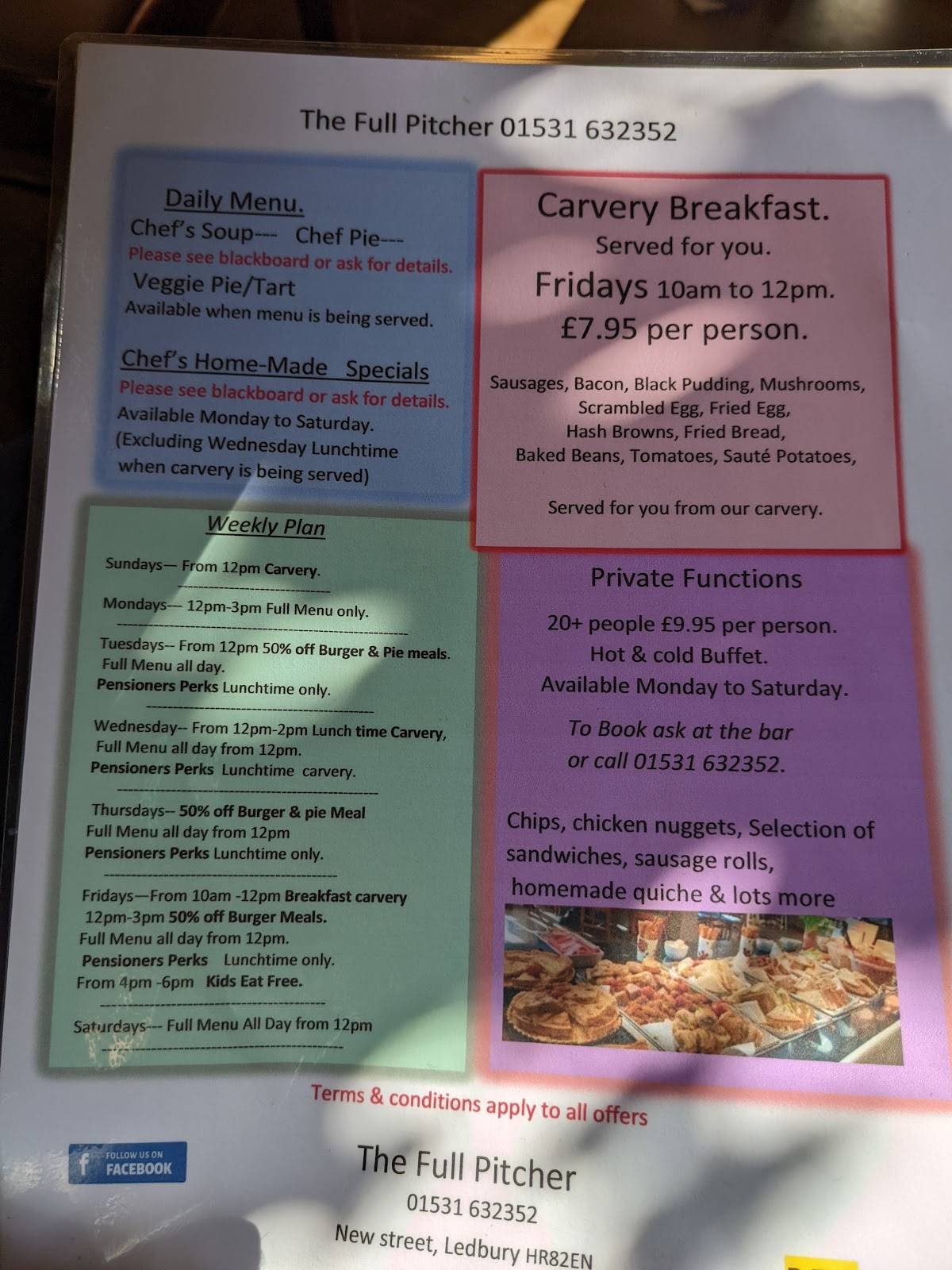 Menu at The Full Pitcher restaurant, Ledbury