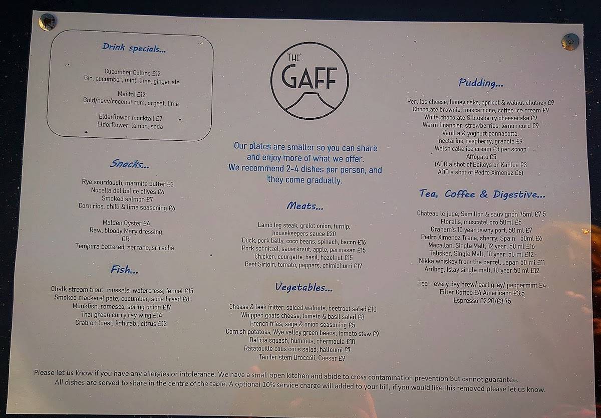 Menu at The Gaff abergavenny restaurant, Abergavenny