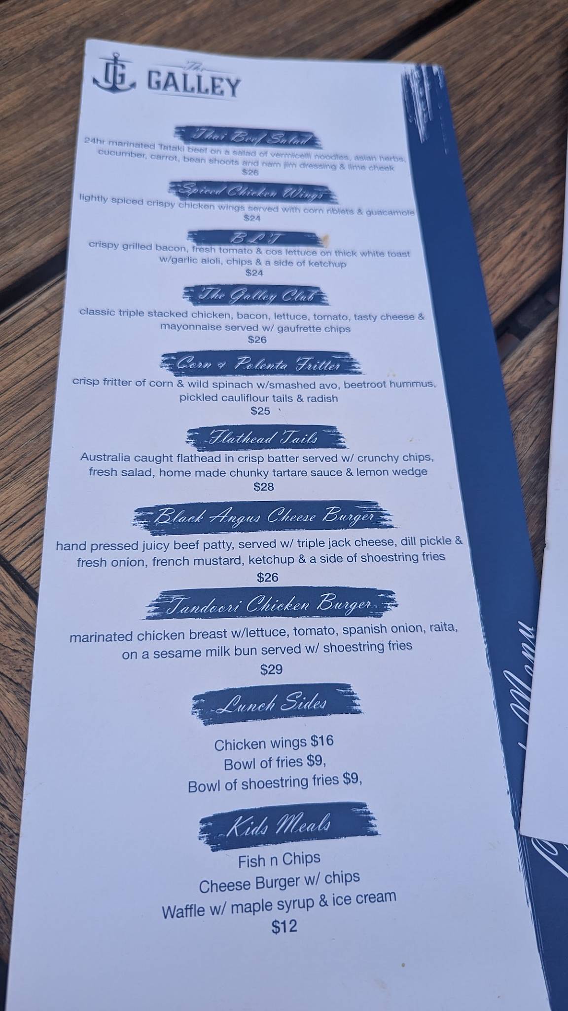 Menu at The Galley cafe, Carrum