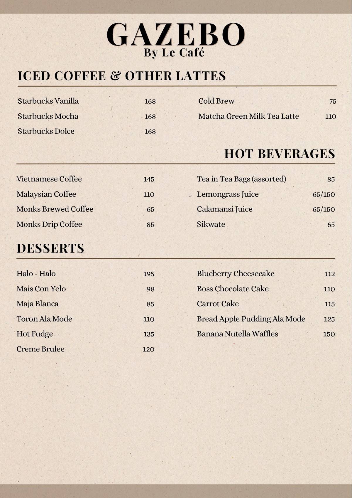 Menu at The Gazebo by Le Cafe, Malaybalay City