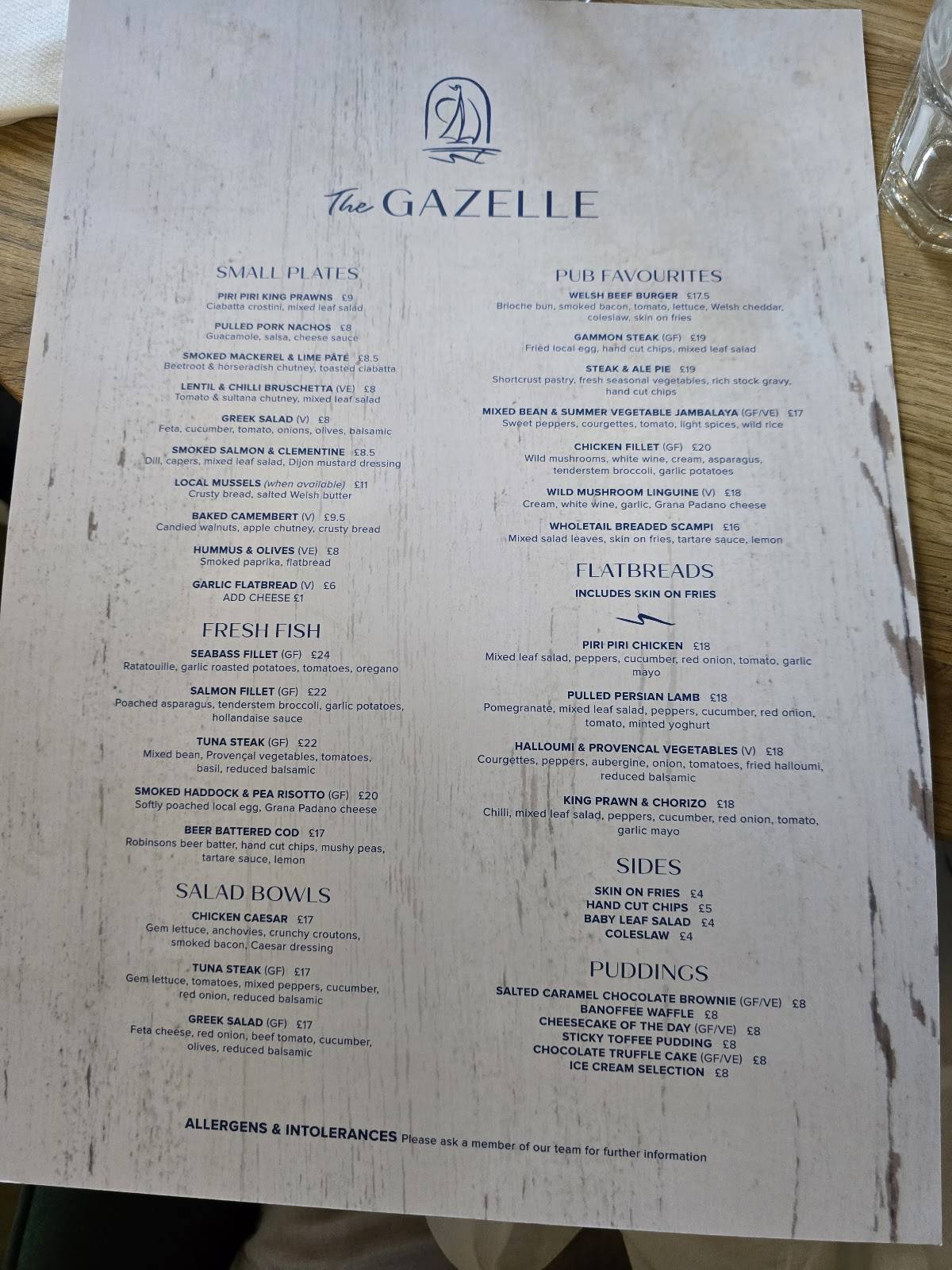 Menu at The Gazelle Hotel pub & bar, Menai Bridge, Glyngarth