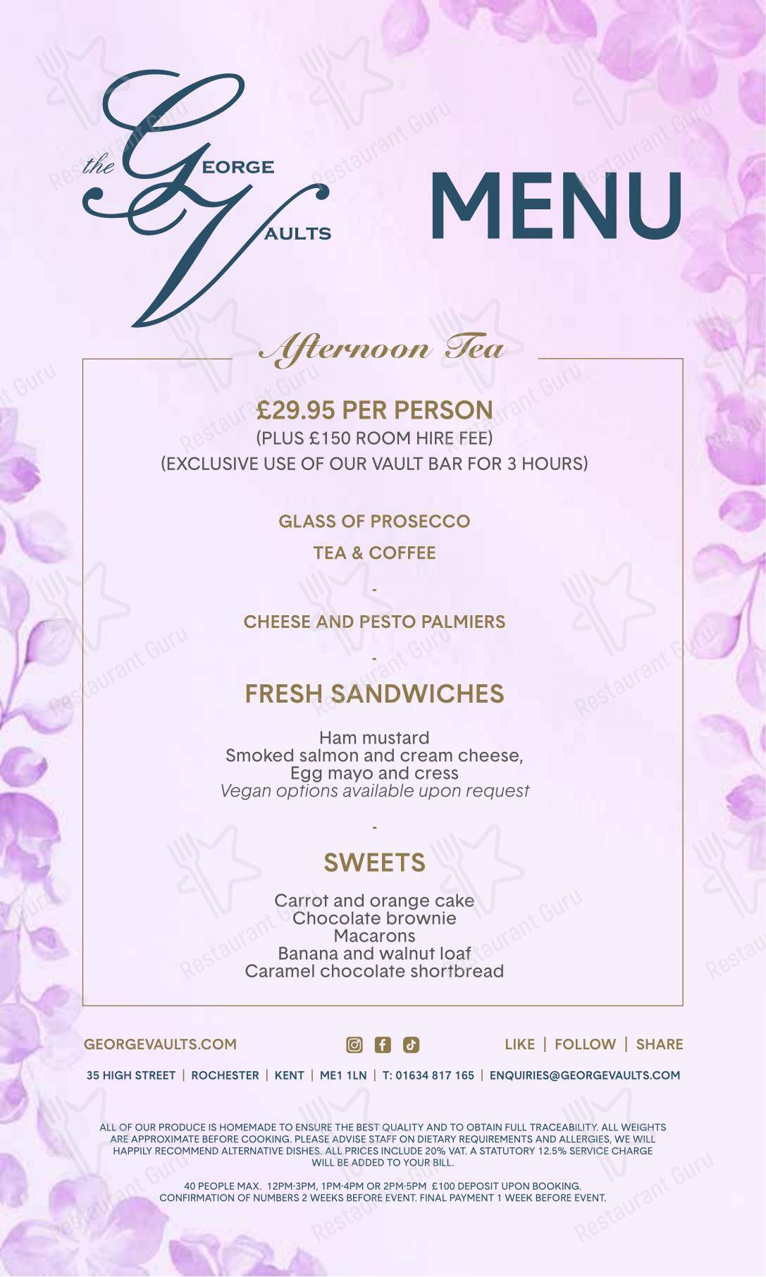 Menu at The George Vaults restaurant, Rochester