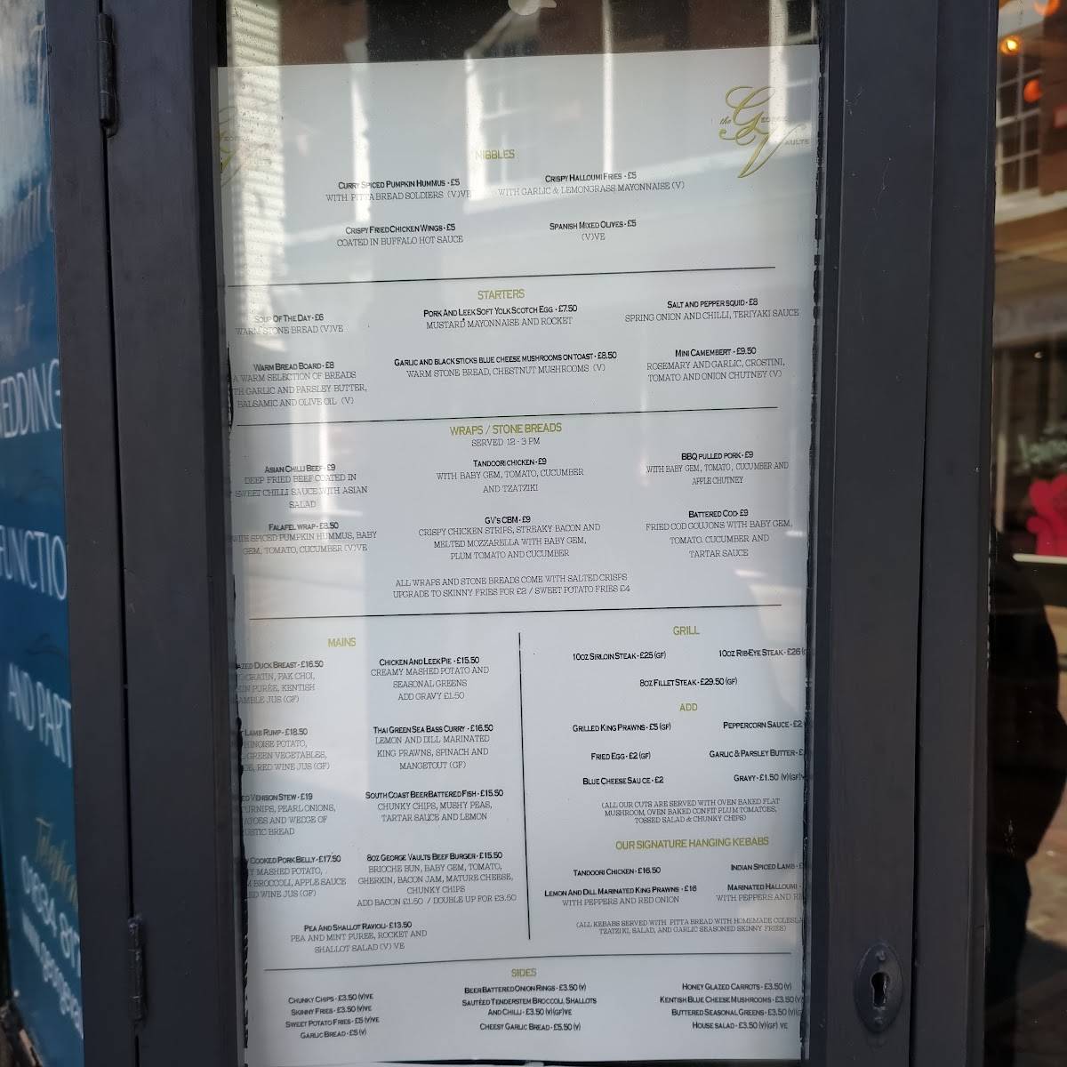 Menu at The George Vaults restaurant, Rochester