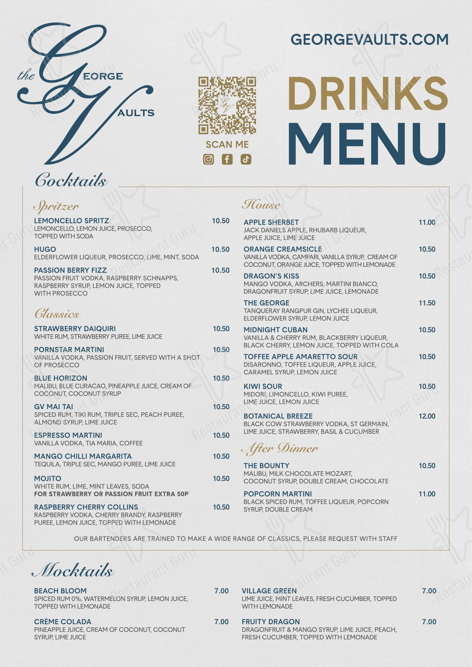 Menu at The George Vaults restaurant, Rochester