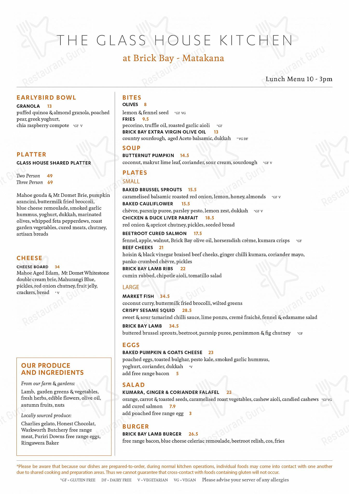 Menu at The Glass House restaurant, Snells Beach