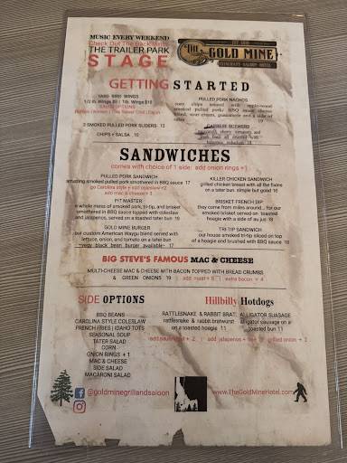 Menu at The Gold Mine Grill - Saloon - Hotel pub & bar, Idaho City